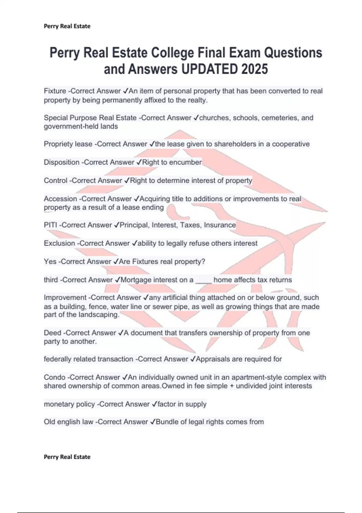 Perry Real Estate College Final Exam Questions and Answers UPDATED 2025 ...