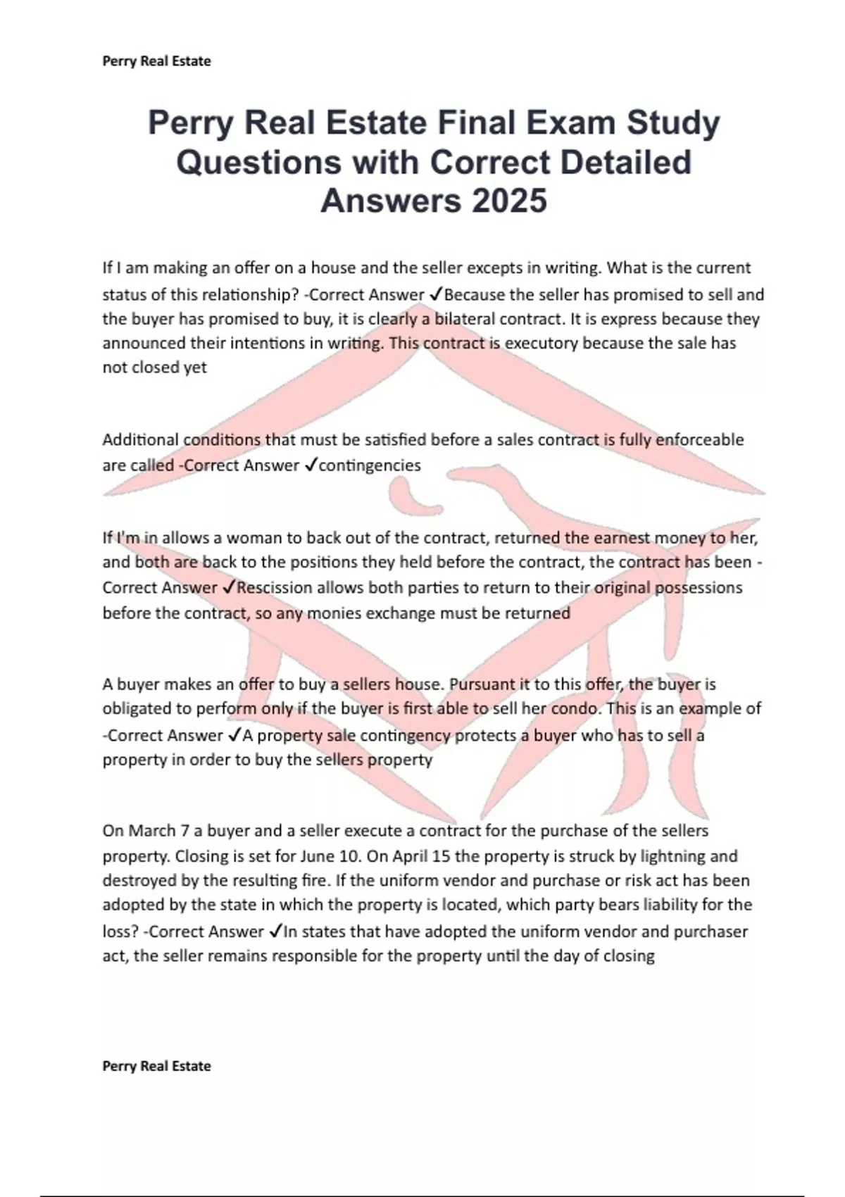Perry Real Estate Final Exam Study Questions with Correct Detailed ...
