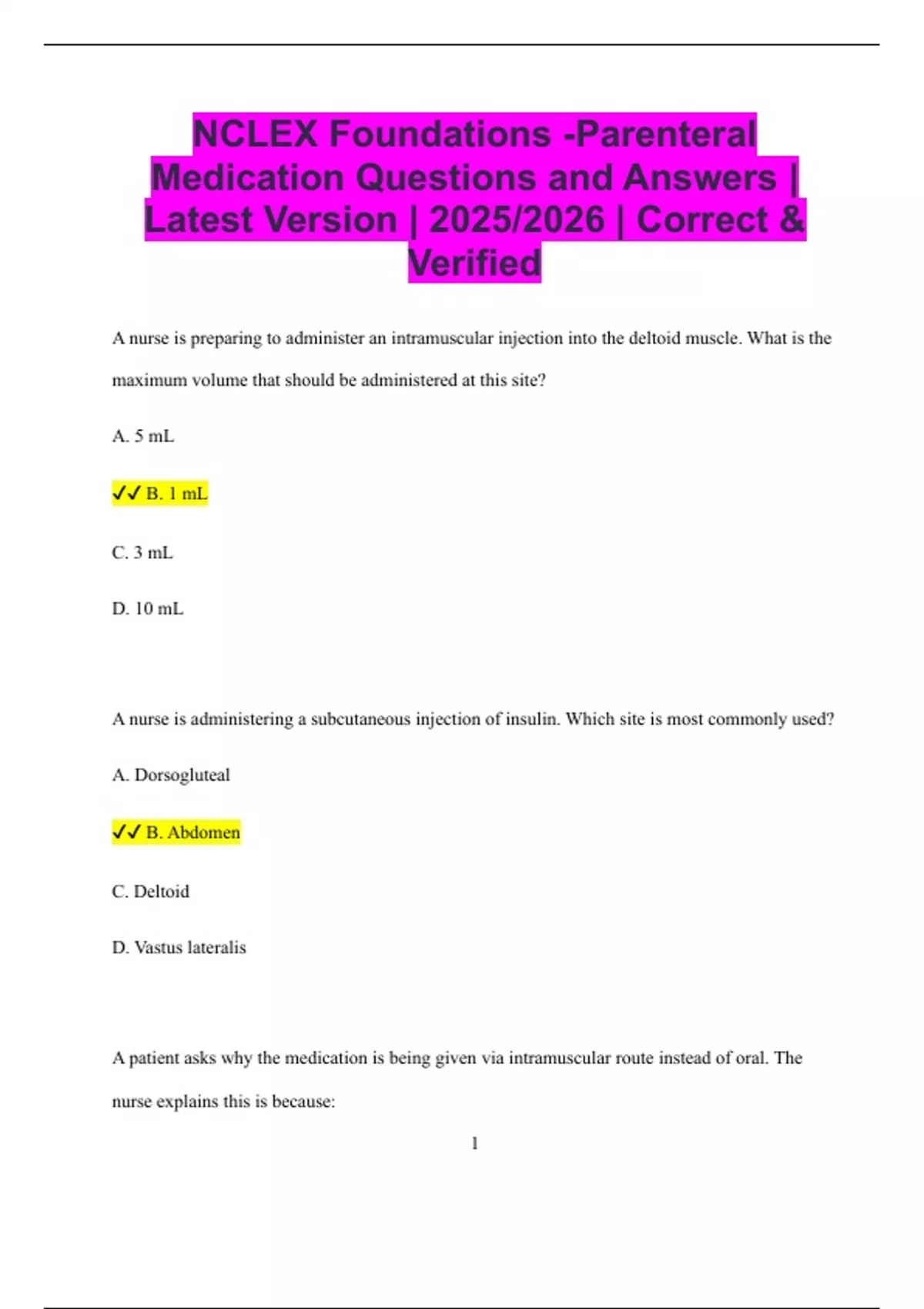 NCLEX Foundations -Parenteral Medication Questions and Answers | Latest ...