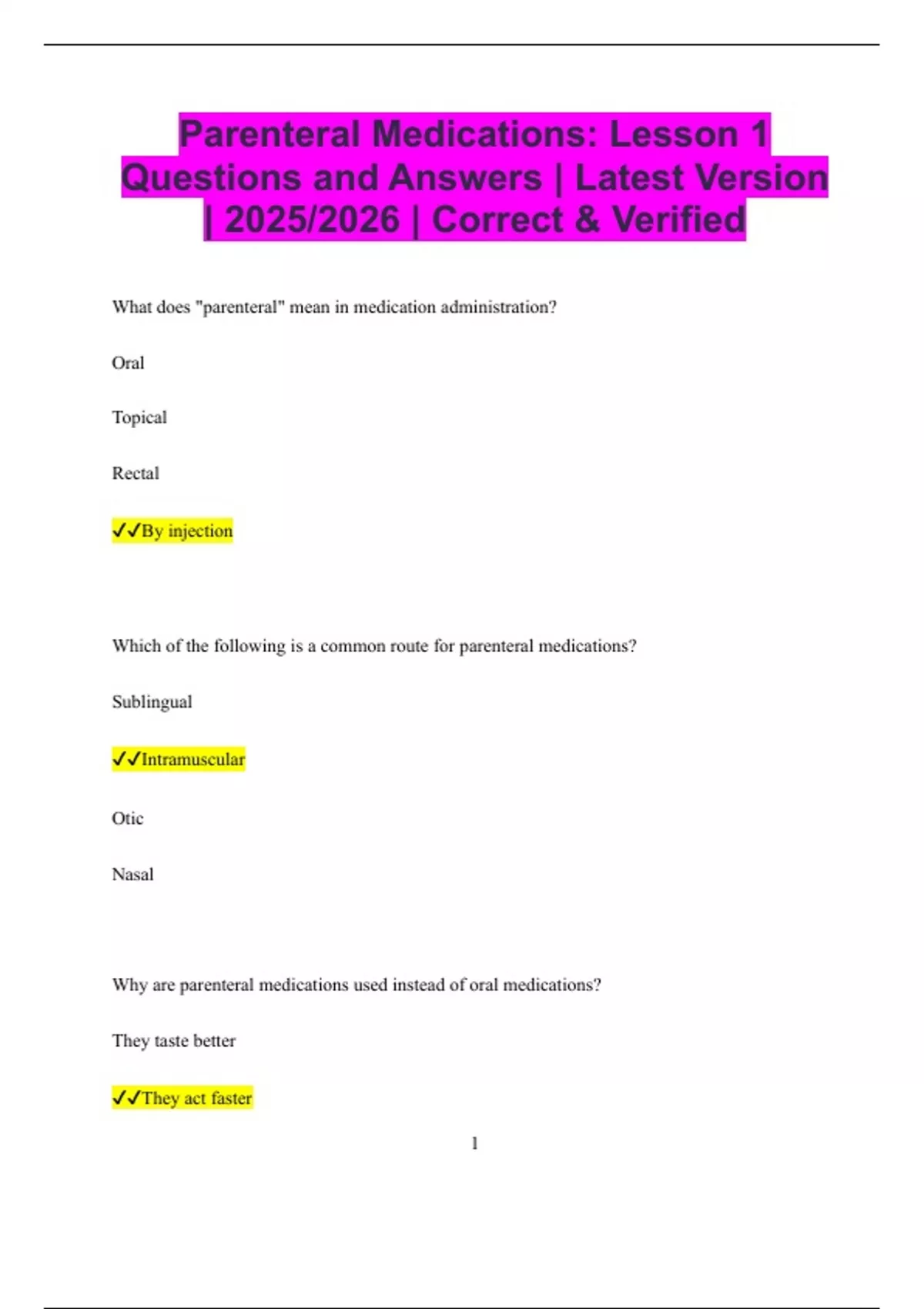 Parenteral Medications: Lesson 1 Questions and Answers | Latest Version ...