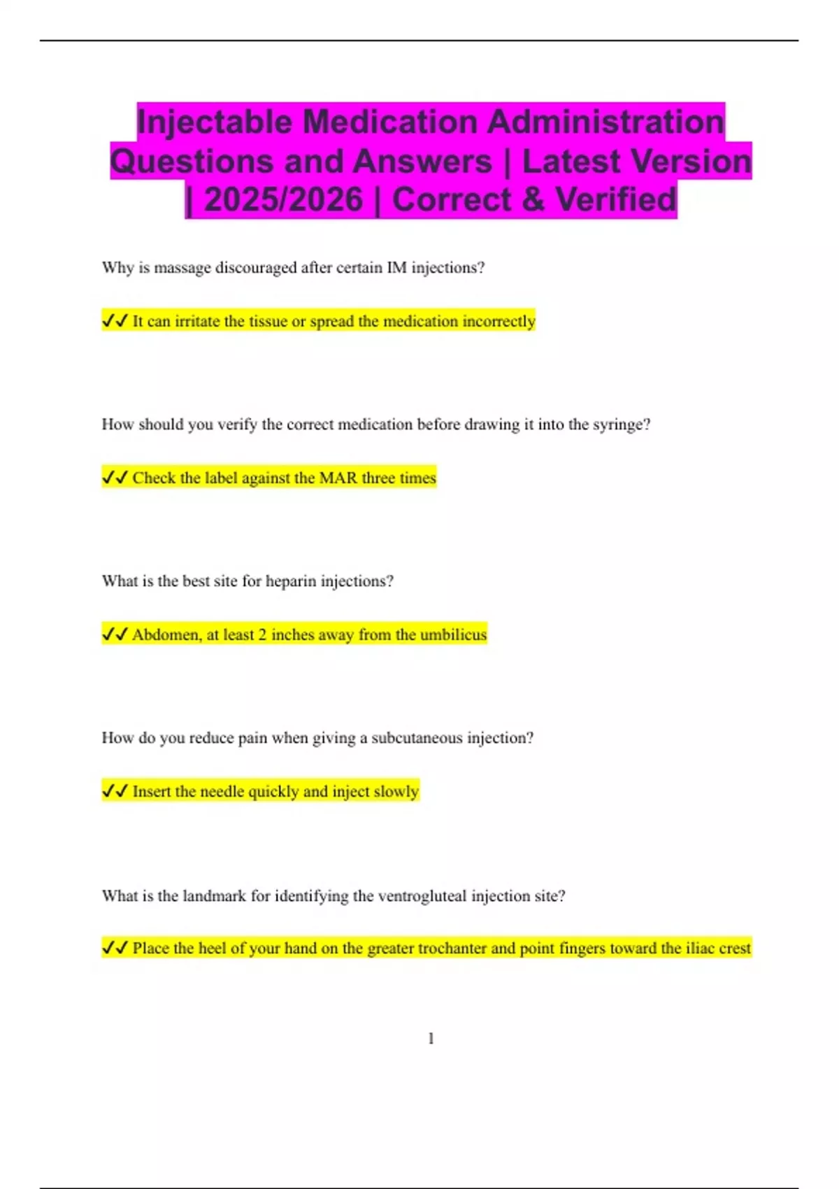 Injectable Medication Administration Questions and Answers | Latest ...