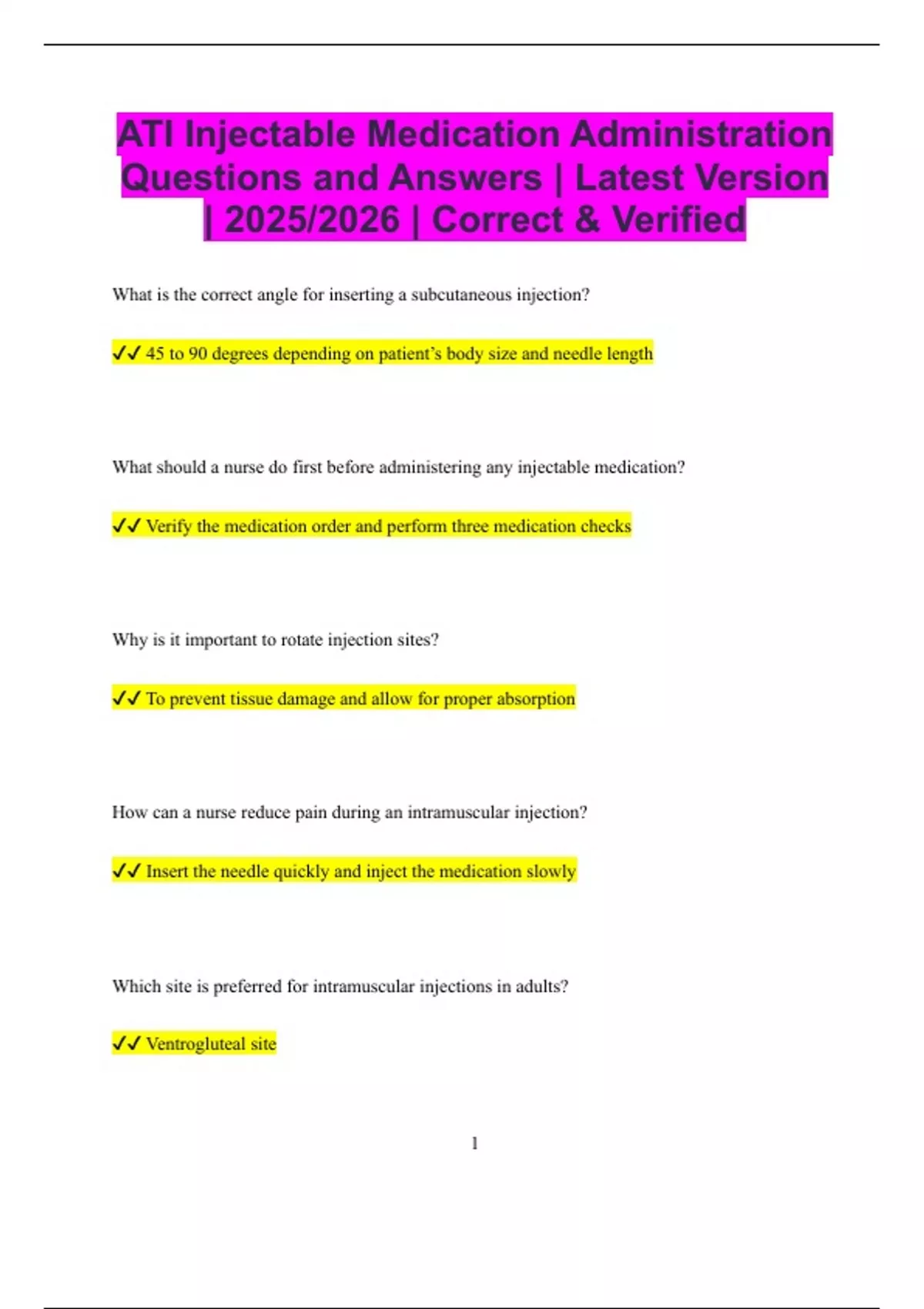 ATI Injectable Medication Administration Questions and Answers | Latest ...