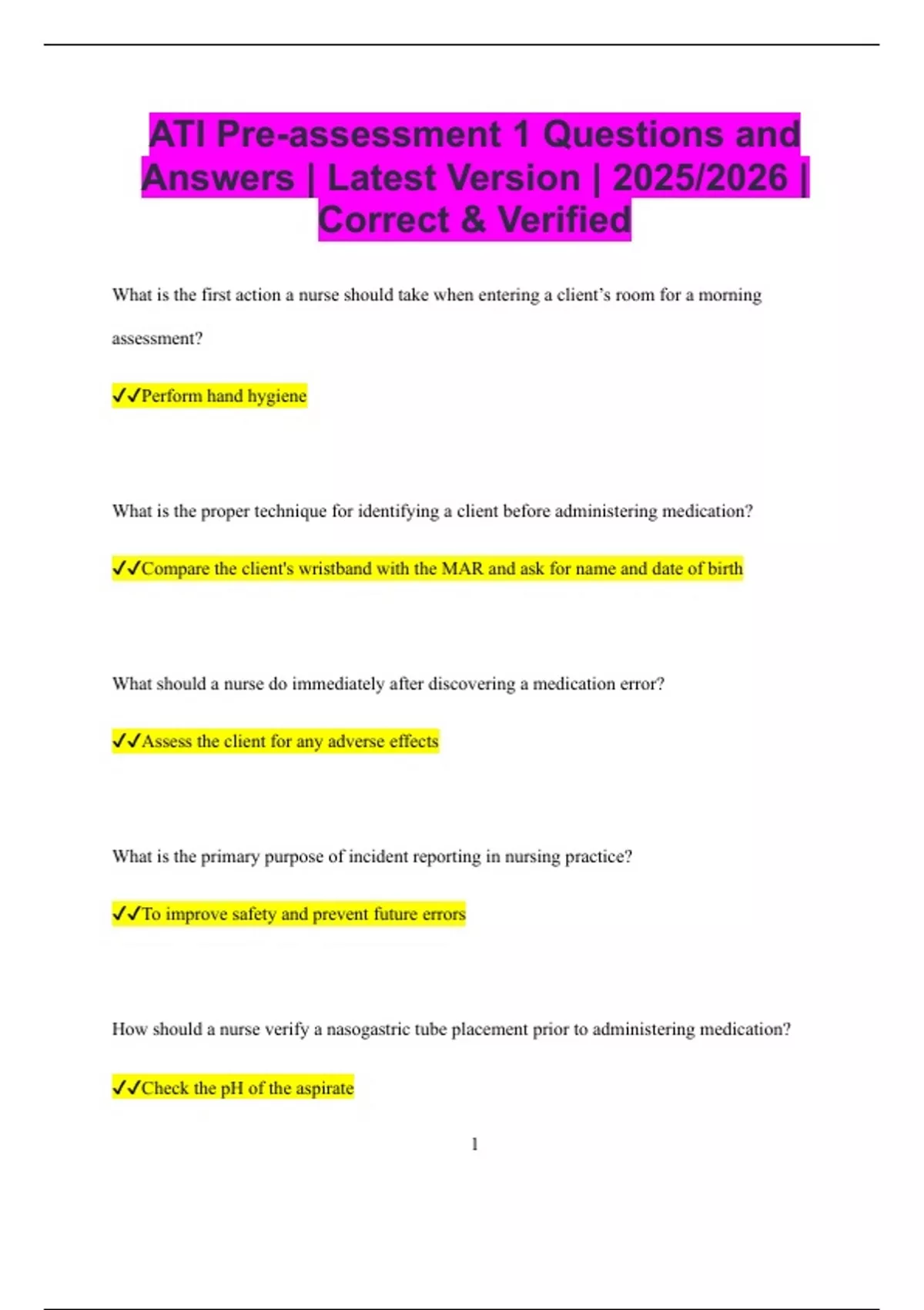 ATI Pre-assessment 1 Questions and Answers | Latest Version | 2025/2026 ...