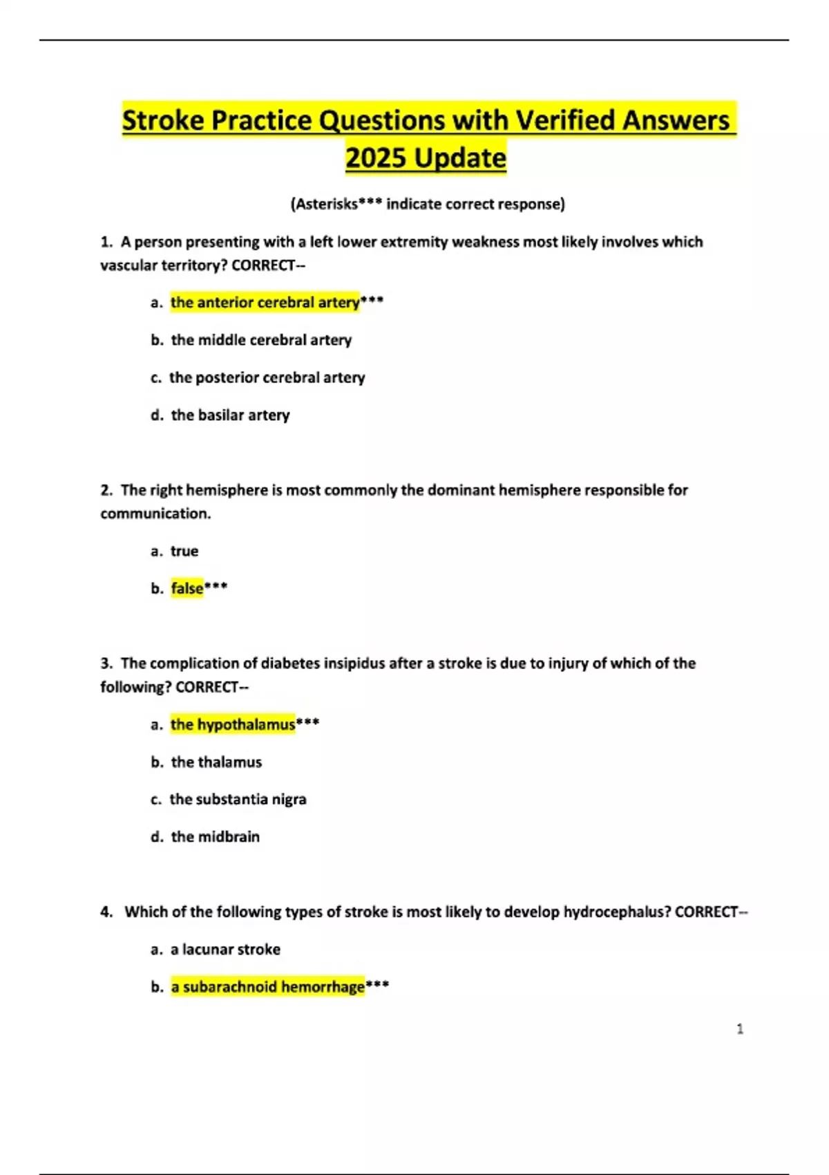 Stroke Practice Questions with Verified Answers 2025 Update - Stroke ...