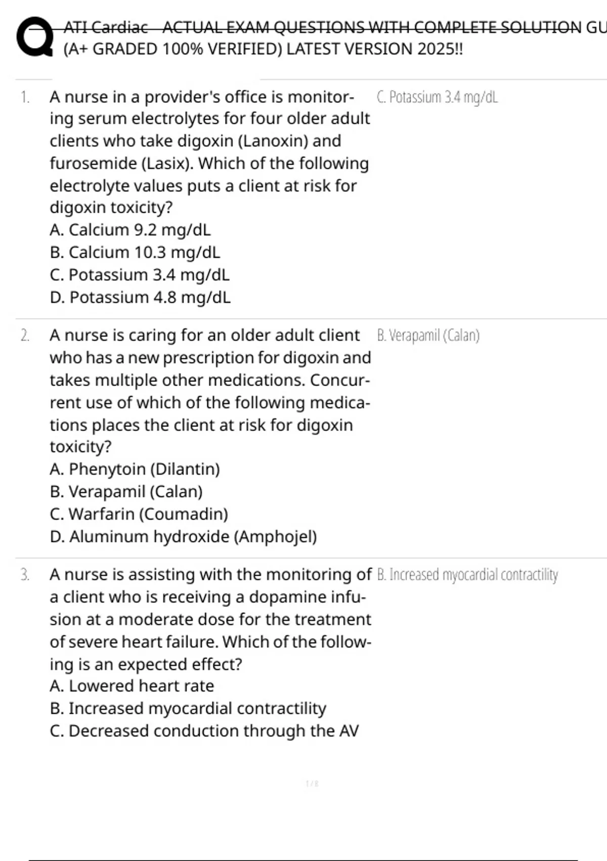 ATI Cardiac ACTUAL EXAM QUESTIONS WITH COMPLETE SOLUTION GUIDE (A+ ...