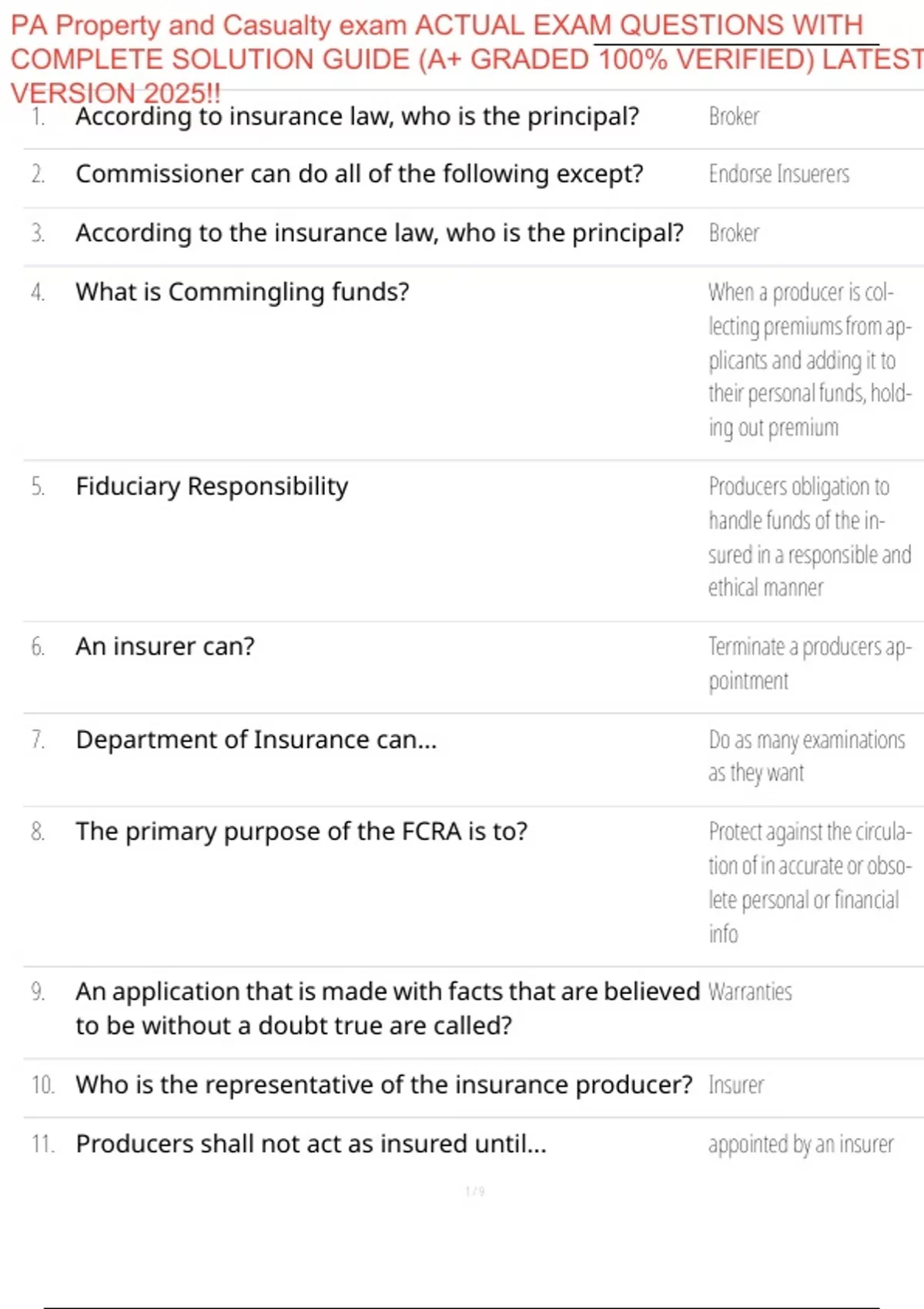 PA Property and Casualty exam ACTUAL EXAM QUESTIONS WITH COMPLETE ...