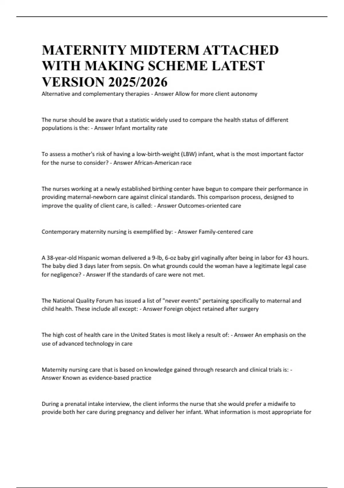 Maternity Nursing Midterm Exam with 100% Verified Answers + Official ...