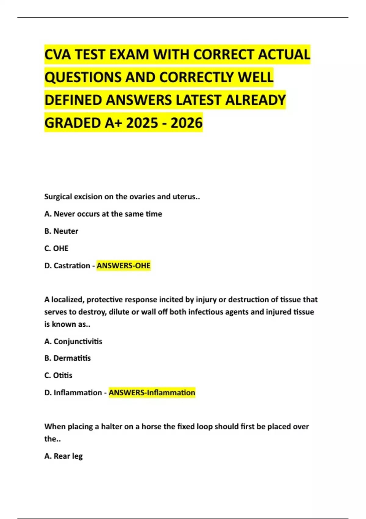 CVA TEST EXAM WITH CORRECT ACTUAL QUESTIONS AND CORRECTLY WELL DEFINED ...