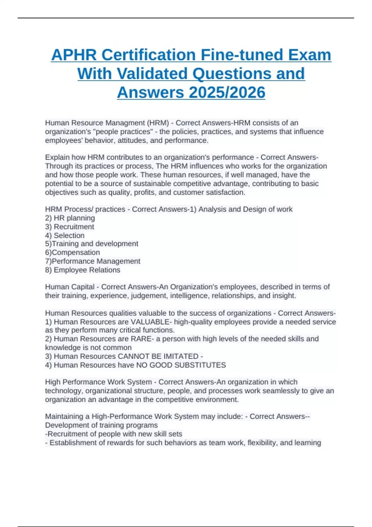 APHR Certification – Fine-Tuned Exam with Validated Questions and Answers (2025/2026) - APHR ...