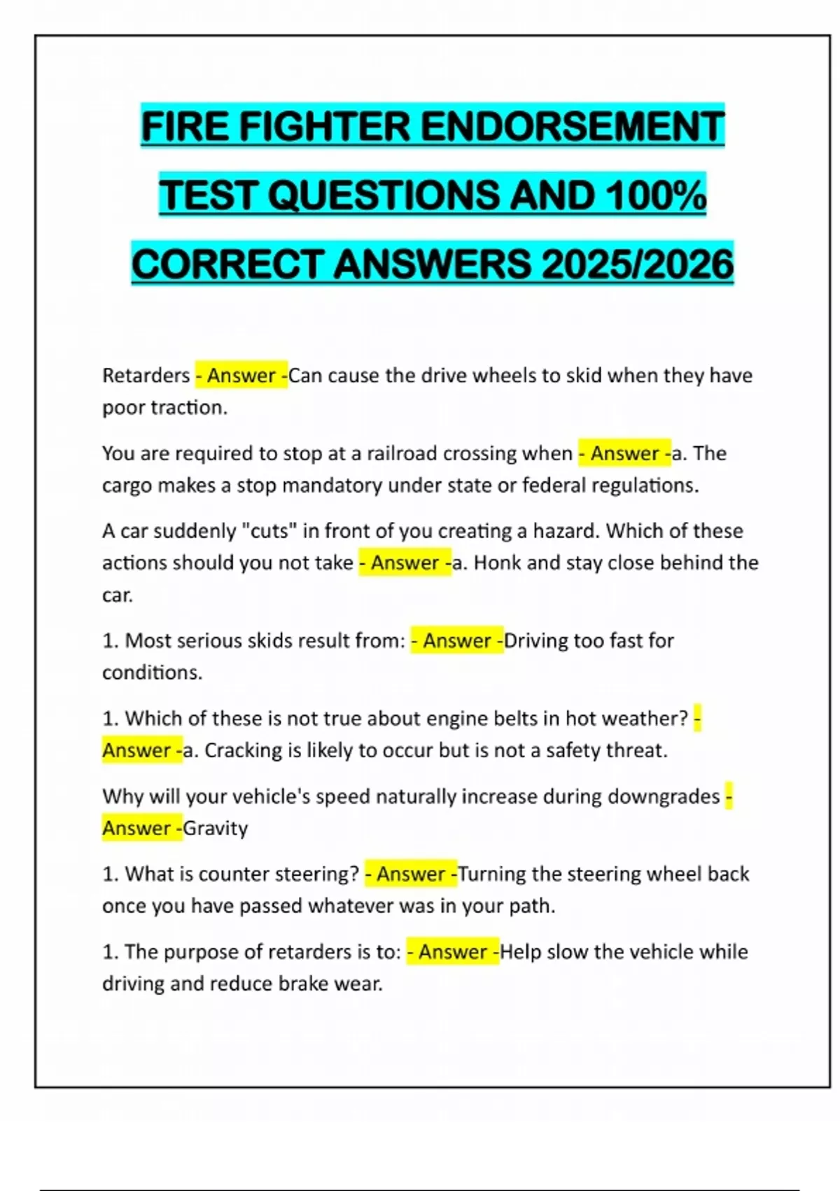 FIRE FIGHTER ENDORSEMENT TEST QUESTIONS AND 100% CORRECT ANSWERS 2025/ ...