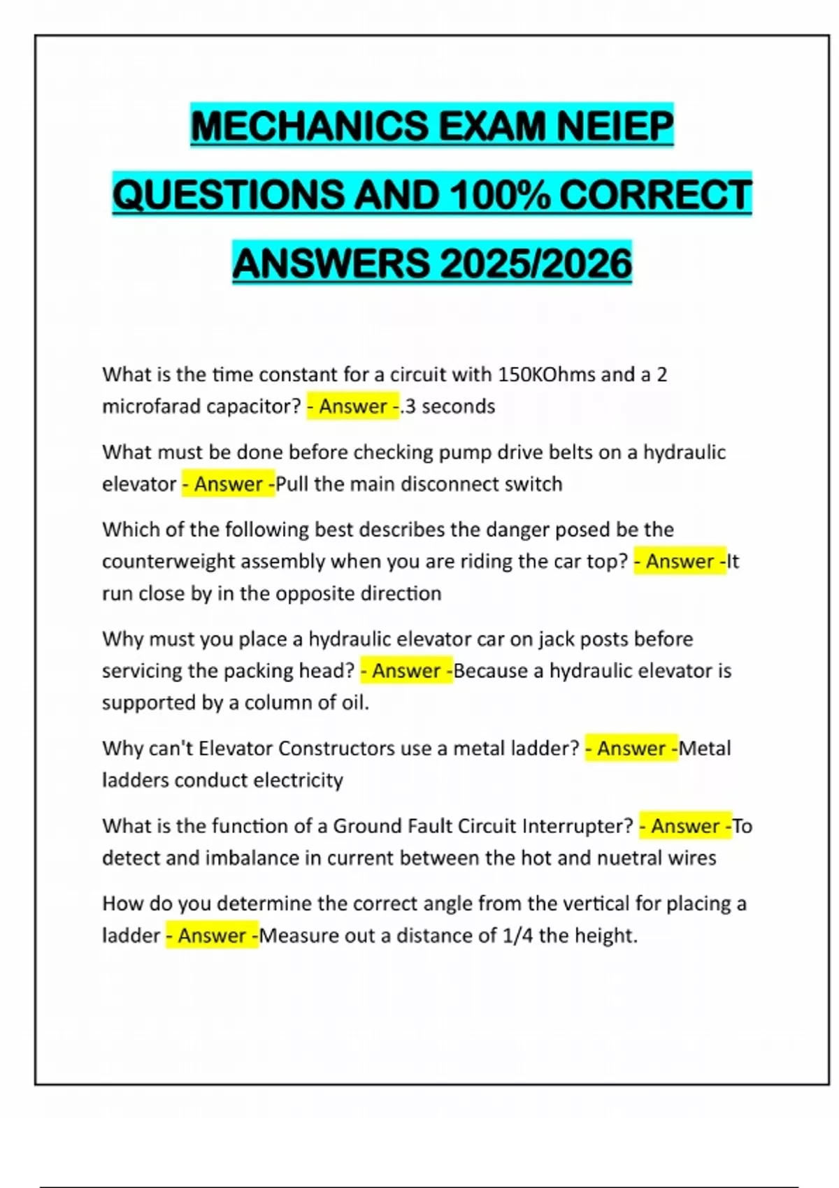 MECHANICS EXAM NEIEP QUESTIONS AND 100% CORRECT ANSWERS 2025/2026 - Elevator mechanic - Stuvia US