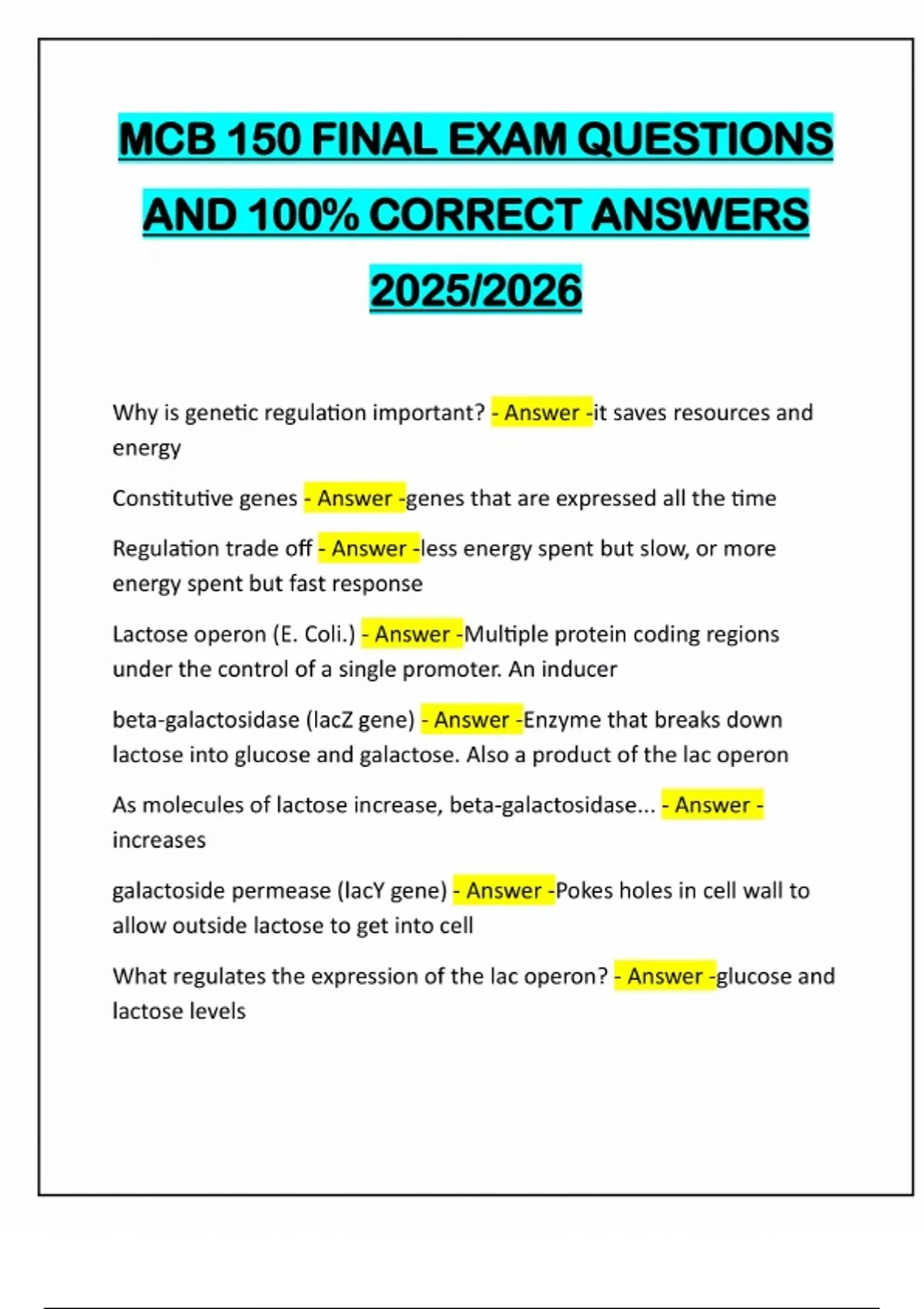 MCB 150 FINAL EXAM QUESTIONS AND 100% CORRECT ANSWERS 2025/2026 - MCB 150 - Stuvia US