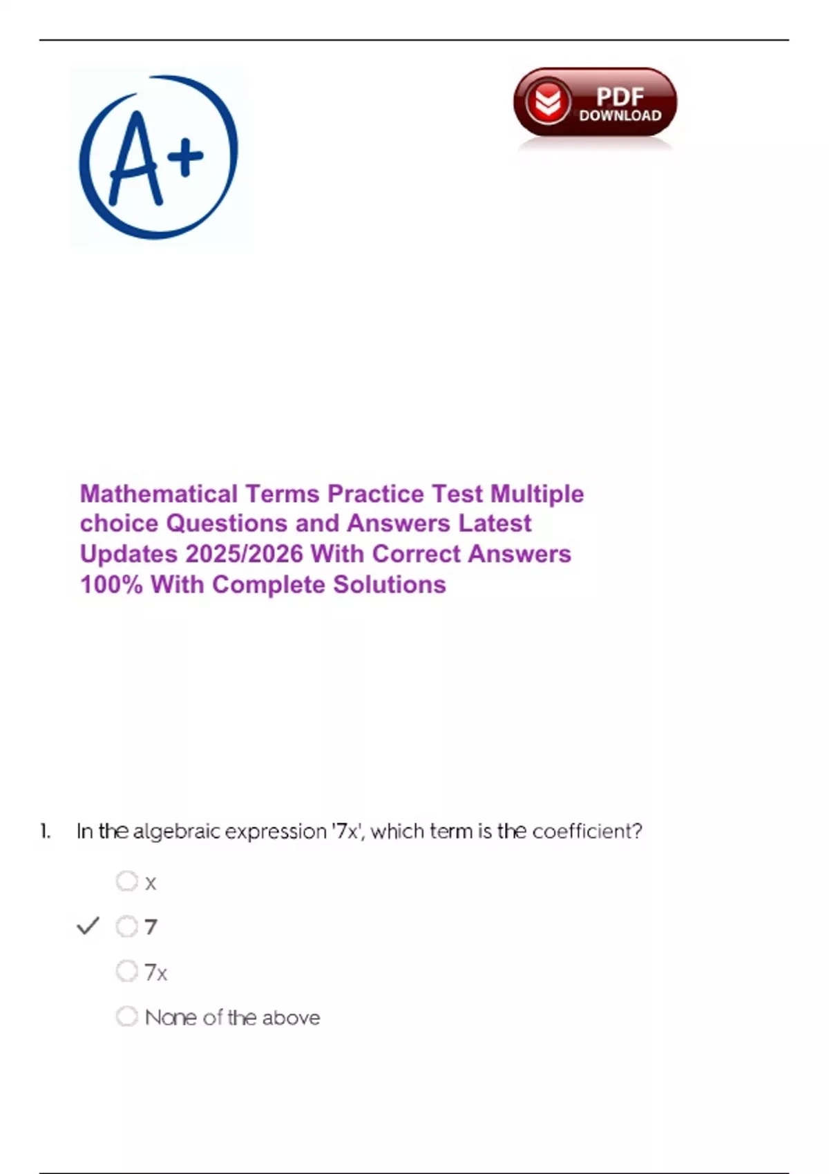 Mathematical Terms Practice Test Multiple choice Questions and Answers ...