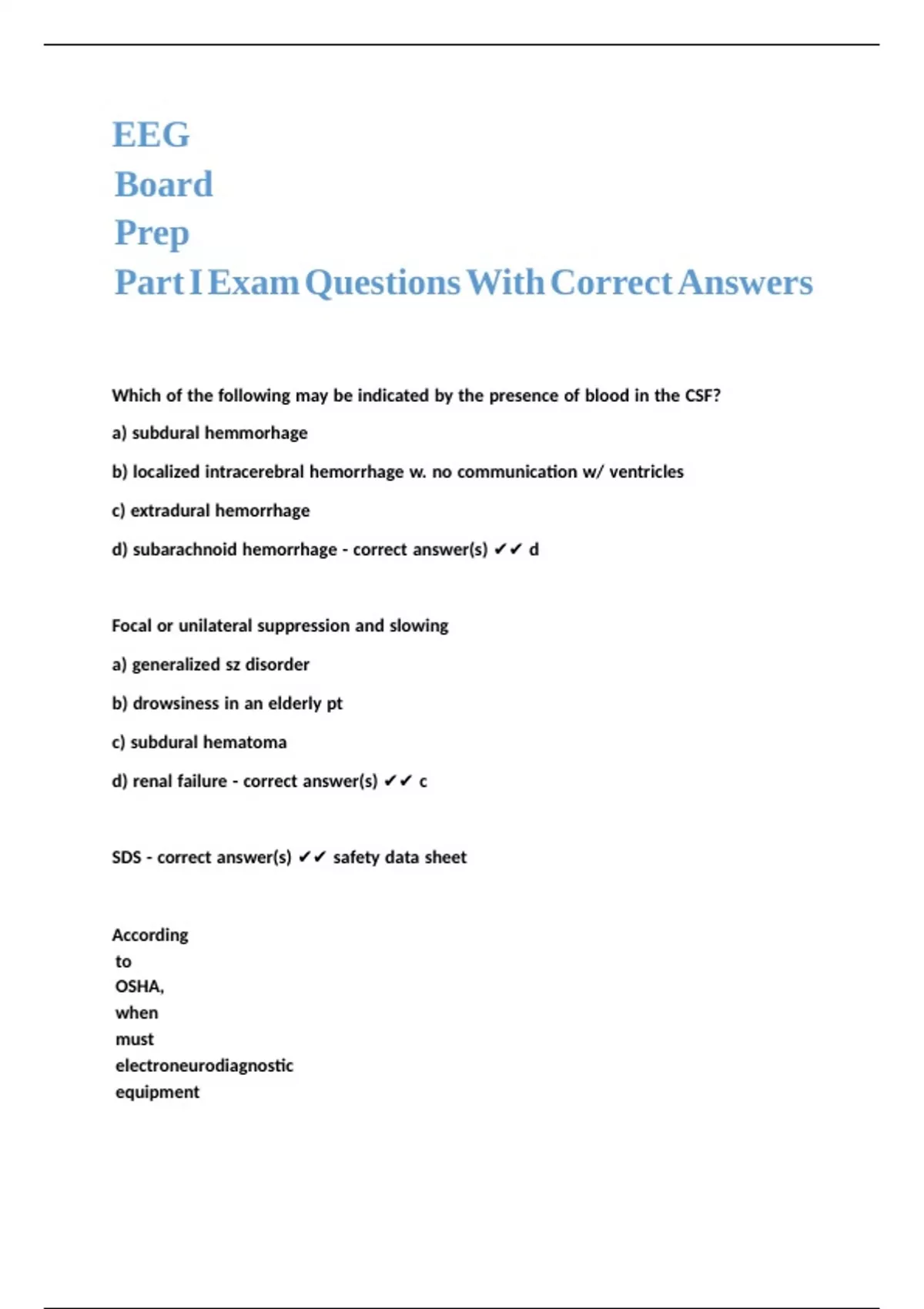 EEG Board Prep Part I Exam Questions With Correct - EEG Board - Stuvia US