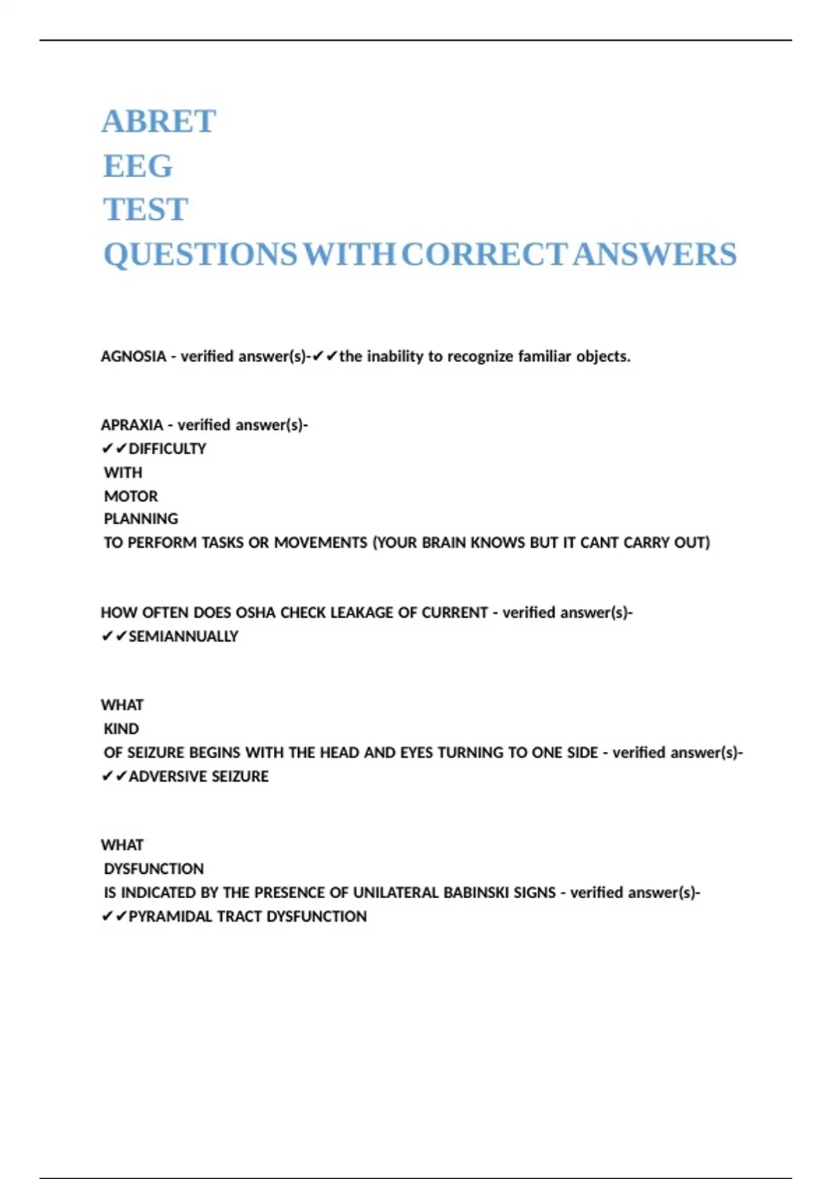 ABRET EEG TEST QUESTIONS WITH CORRECT ANSWERS , - EEG Board - Stuvia US