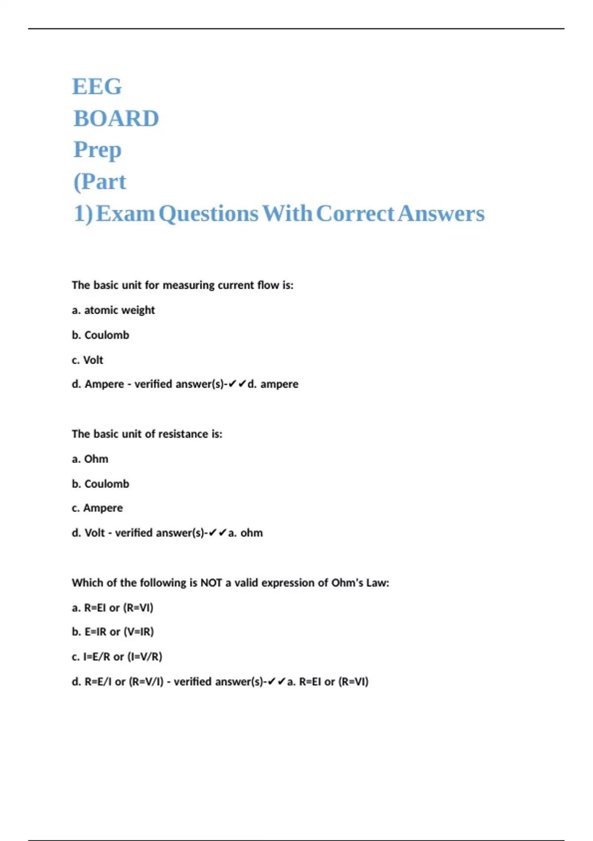 EEG BOARD Prep (Part 1) Exam Questions With Correct Answers - EEG Board ...