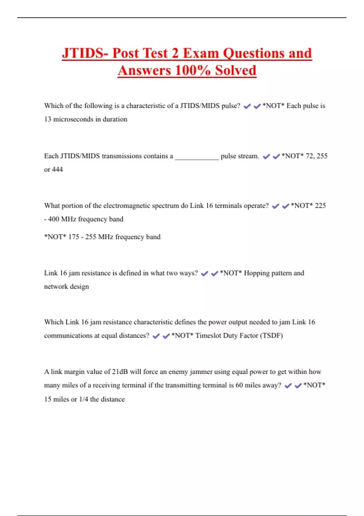 JTIDS- Post Test 2 Exam Questions and Answers 100% Solved - JT 101 ...