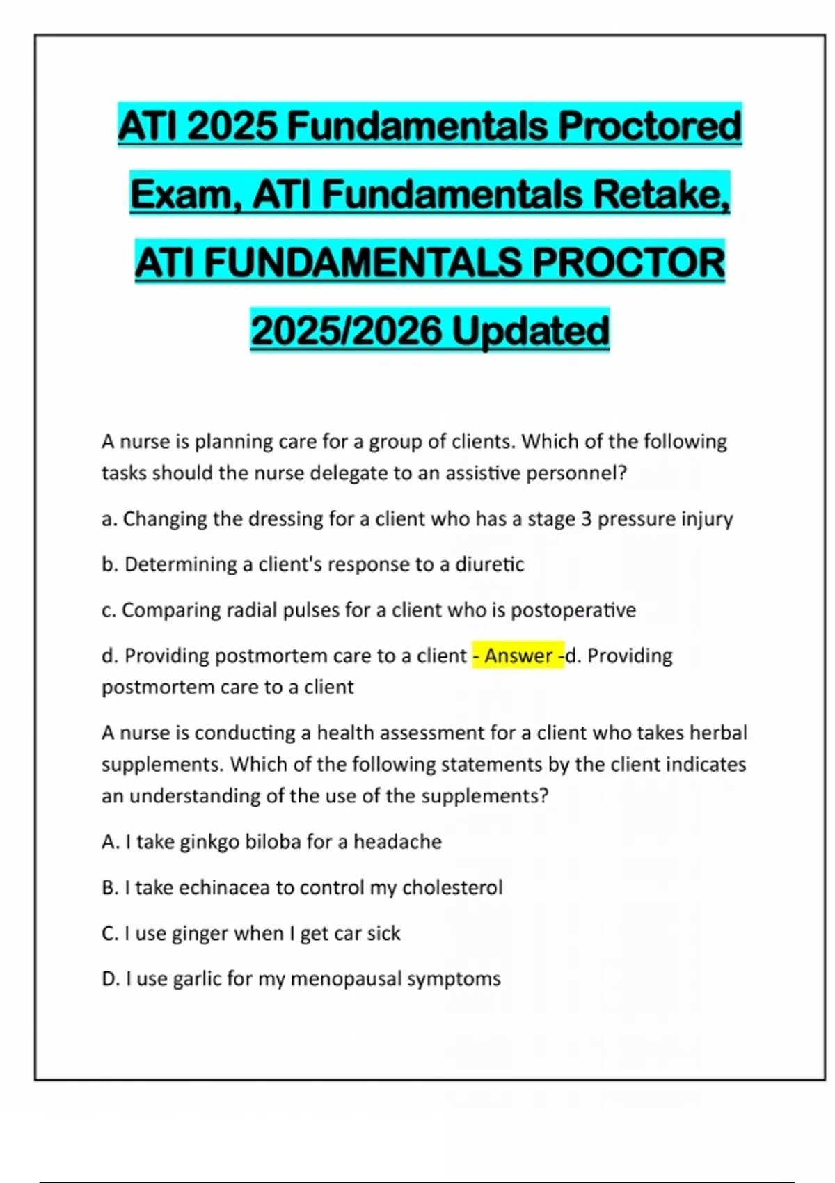 ATI 2025 Fundamentals Proctored Exam, ATI Fundamentals Retake, ATI ...
