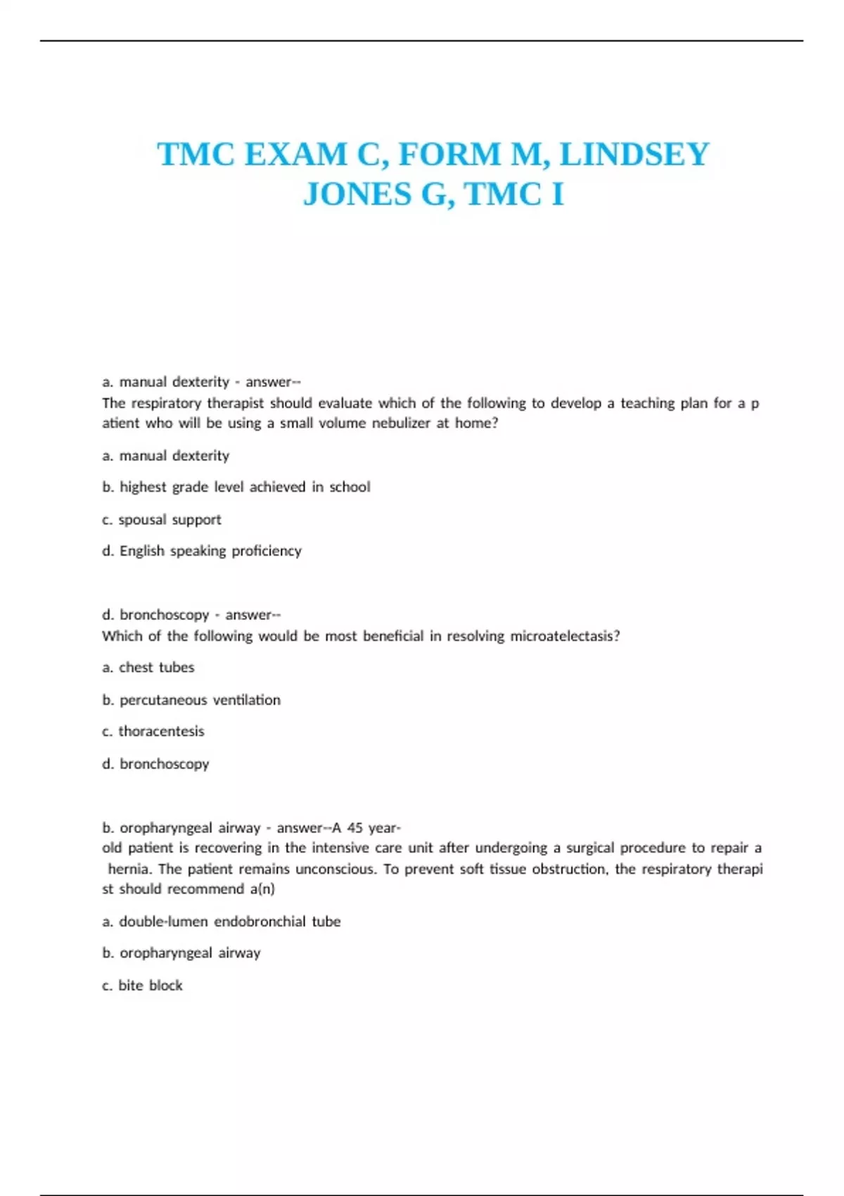 Tmc Exam C Form M Lindsey Jones G Tmc I Tmc Stuvia Us