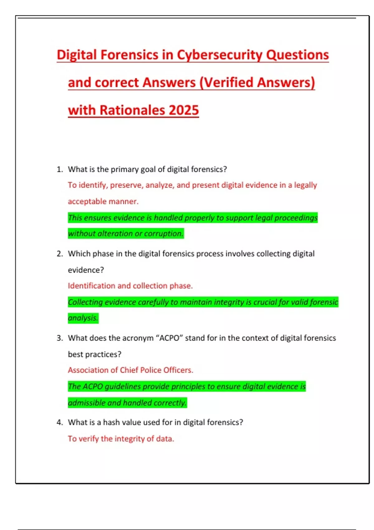 Digital Forensics in Cybersecurity Questions and correct Answers (Verified Answers) with ...