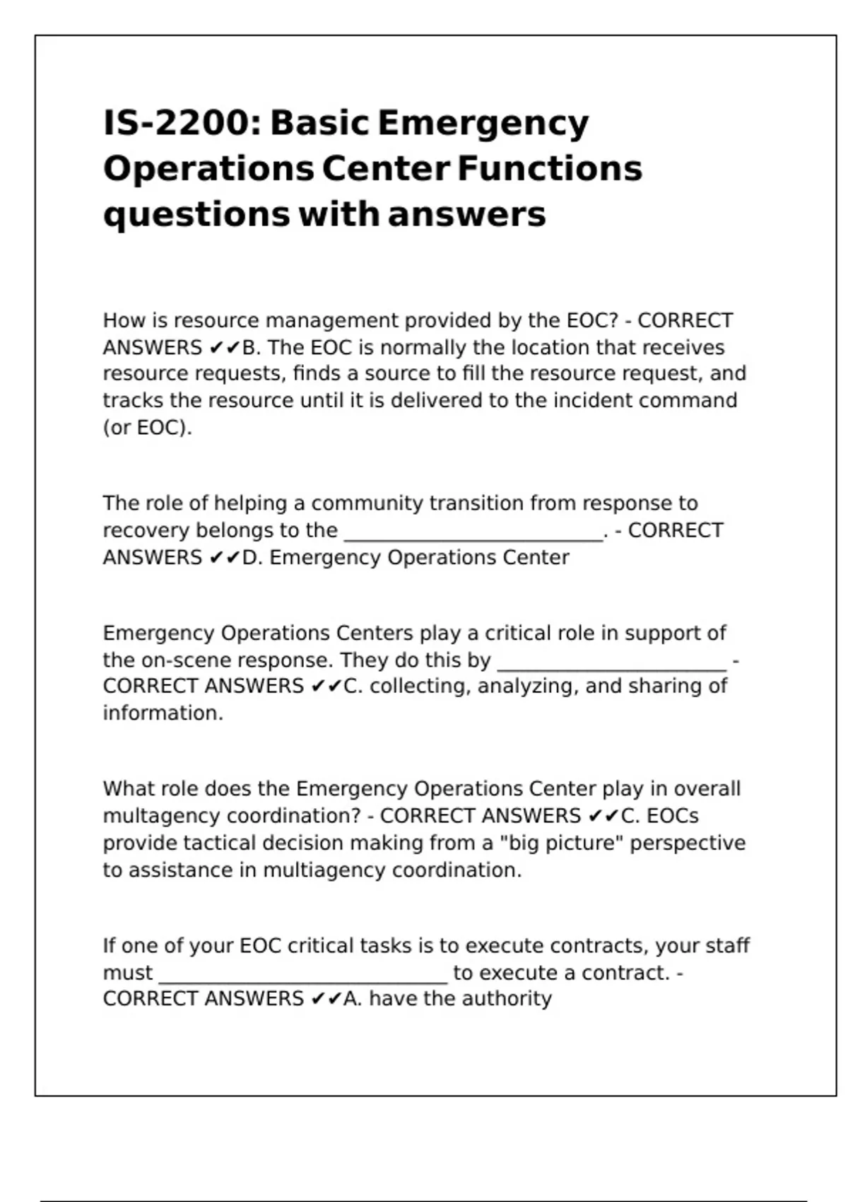IS-2200 Basic Emergency Operations Center Functions questions with ...