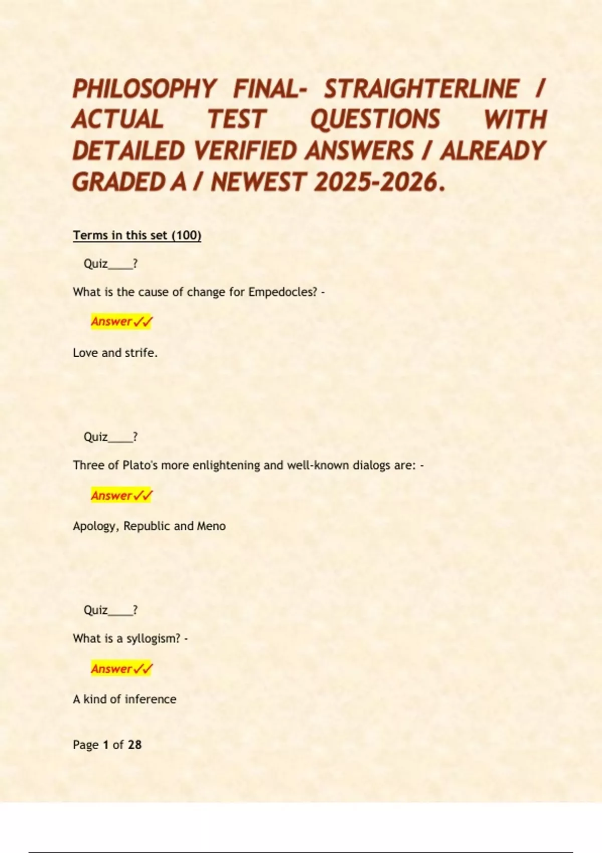 PHILOSOPHY FINAL- STRAIGHTERLINE / ACTUAL TEST QUESTIONS WITH DETAILED ...
