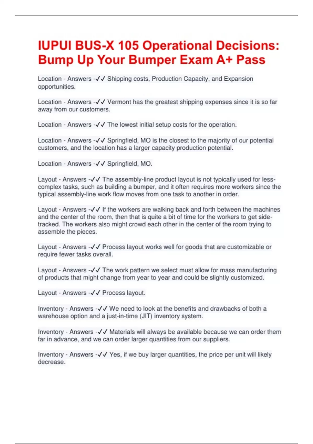 IUPUI BUS-X 105 Operational Decisions: Bump Up Your Bumper Exam A+ Pass ...