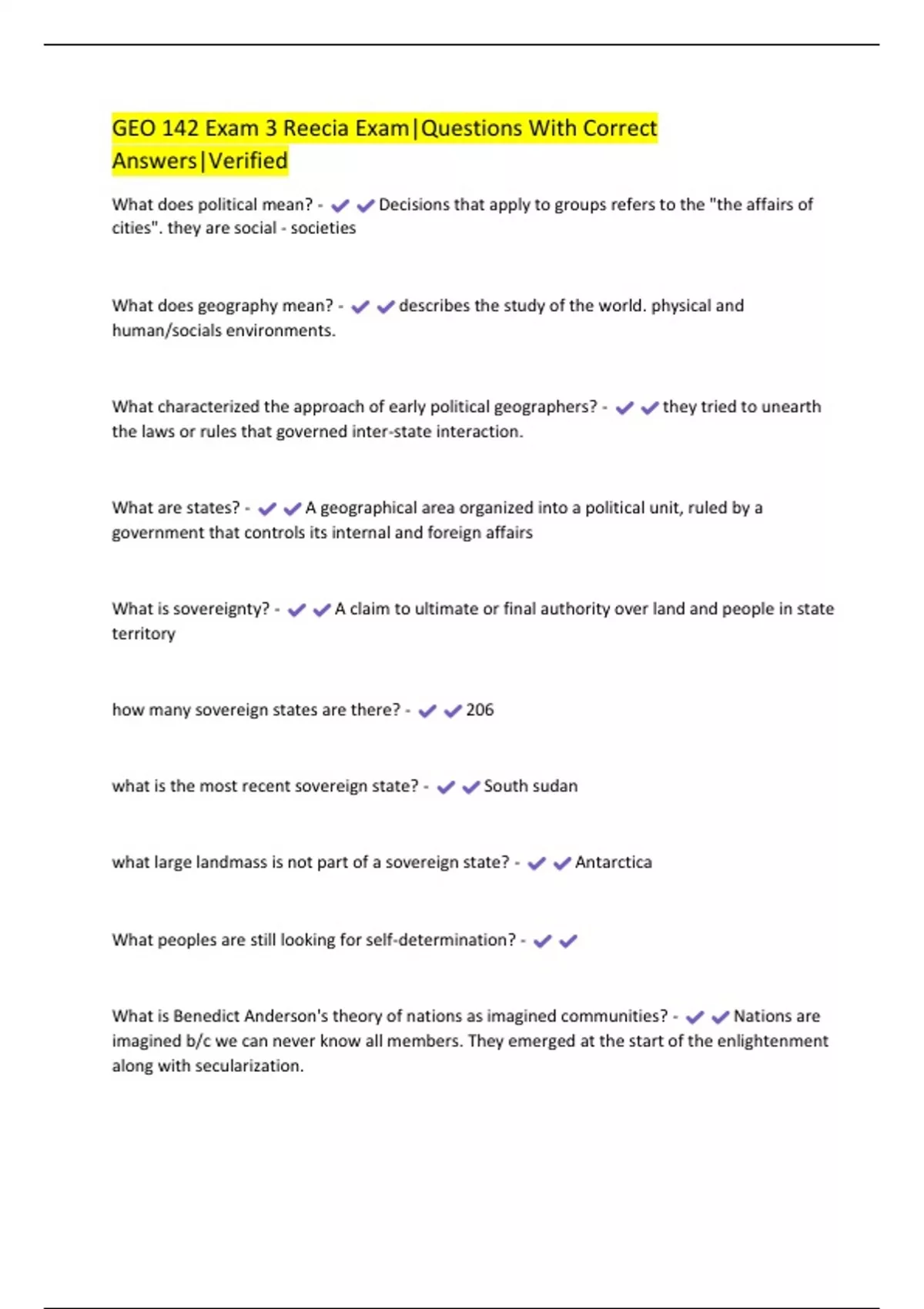 GEO 142 Exam 3 Reecia Exam|Questions With Correct Answers|Verified ...