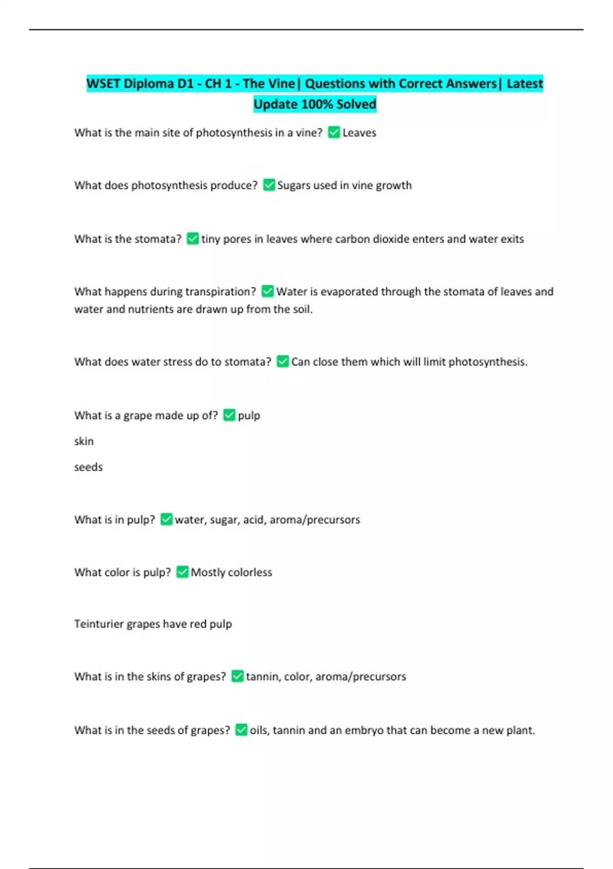 WSET Diploma D1 - CH 1 - The Vine| Questions with Correct Answers ...