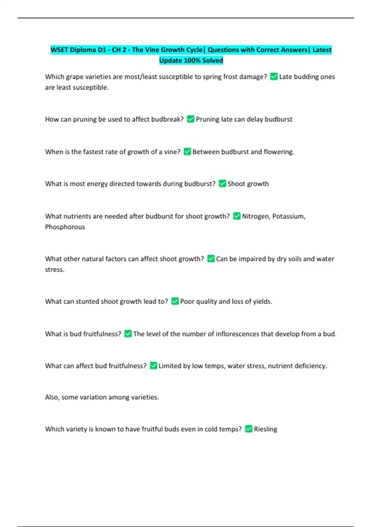 WSET Diploma D1 - CH 2 - The Vine Growth Cycle| Questions with Correct ...