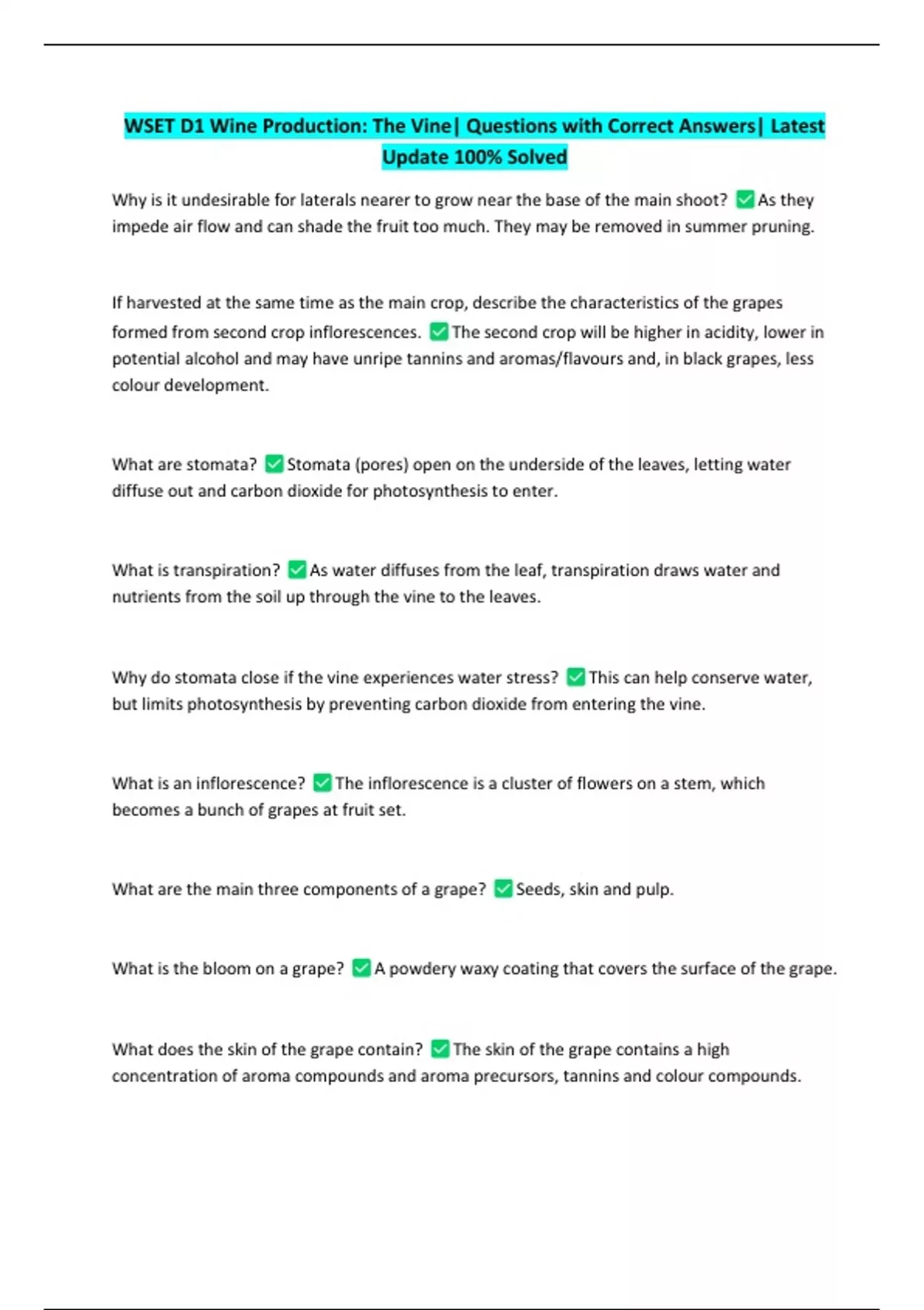 WSET D1 Wine Production: The Vine| Questions with Correct Answers ...