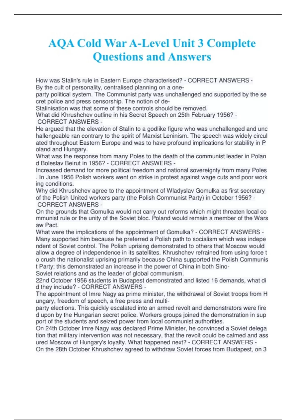 AQA Cold War A-Level Unit 3 Complete Questions and Answers - A-level ...