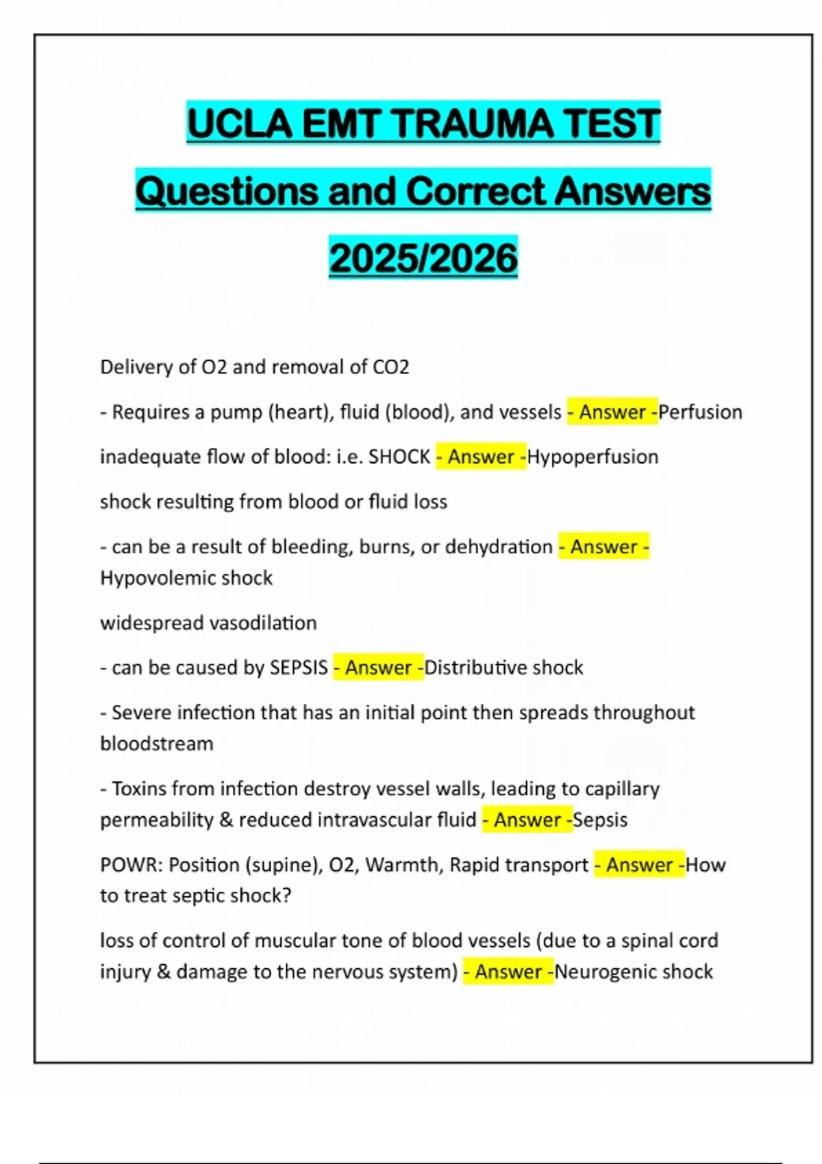 UCLA EMT TRAUMA TEST Questions and Correct Answers 2025/2026 - EMT ...