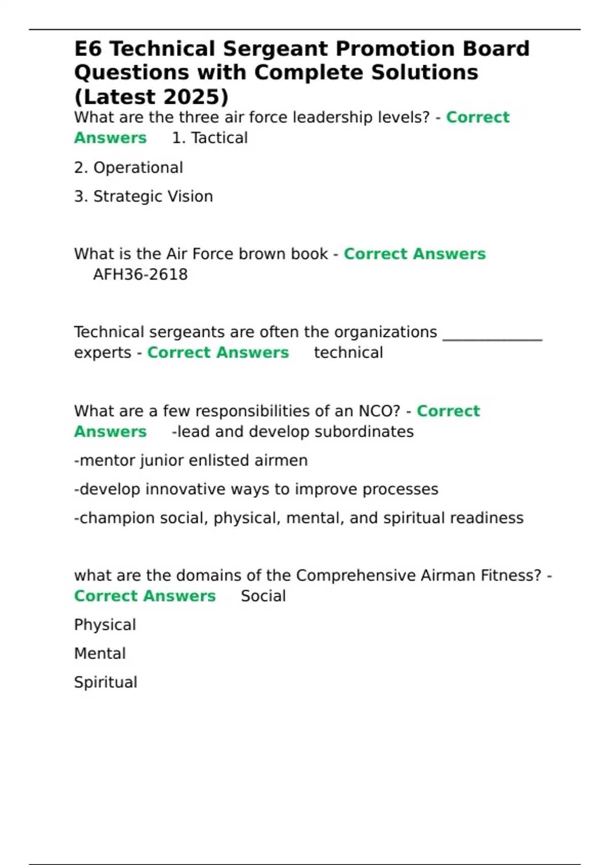 E6 Technical Sergeant Promotion Board Questions with Complete Solutions ...