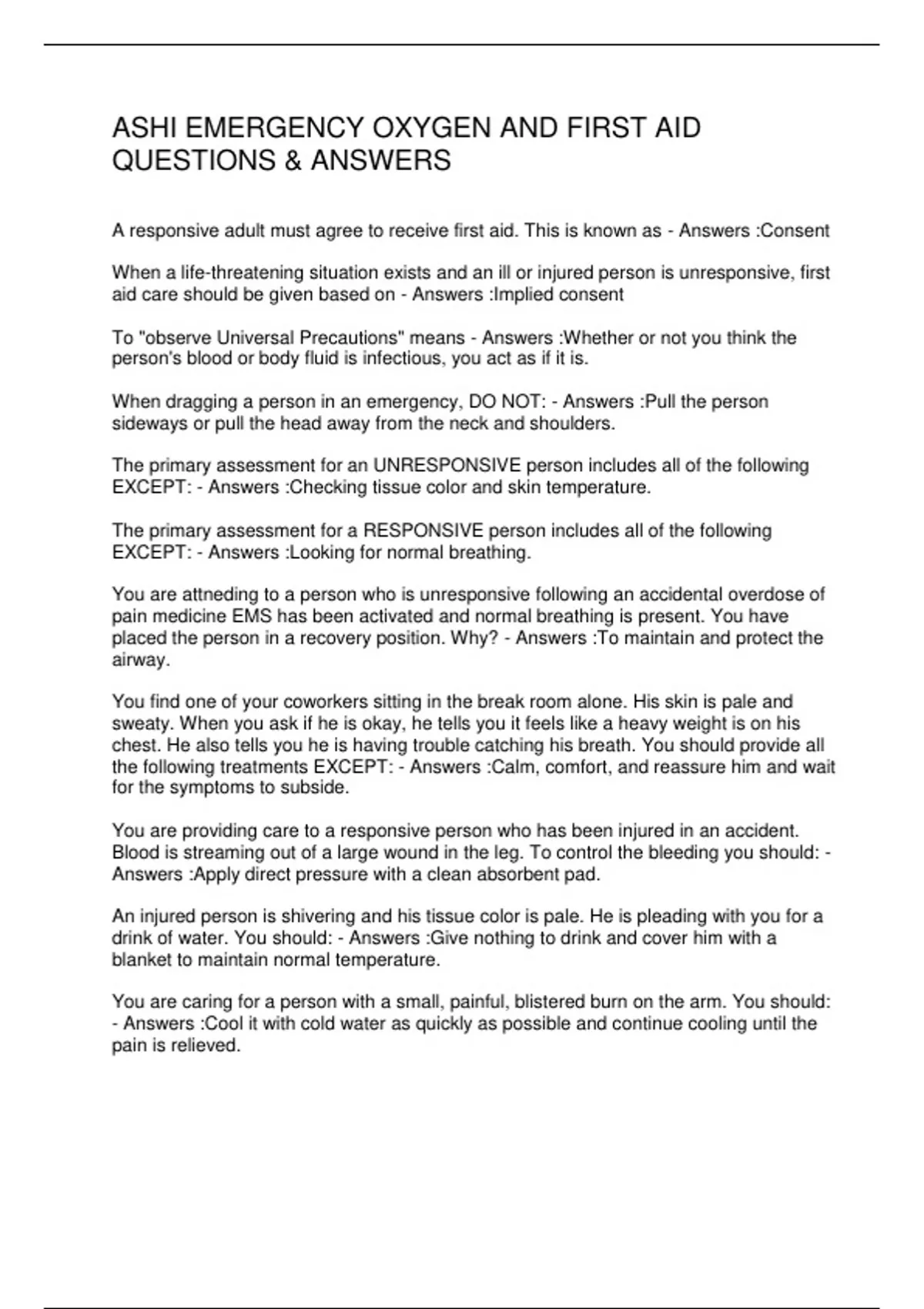 ASHI EMERGENCY OXYGEN AND FIRST AID QUESTIONS & ANSWERS - ASHI EMERGENCY OXYGEN - Stuvia US