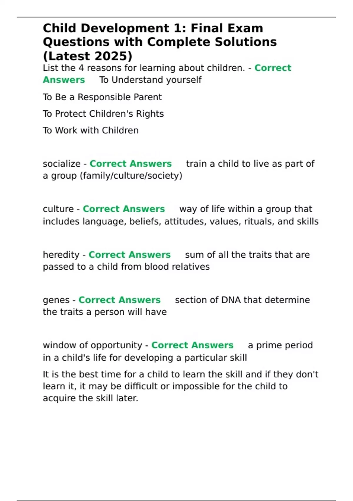 Child Development 1 Final Exam Questions with Complete Solutions ...