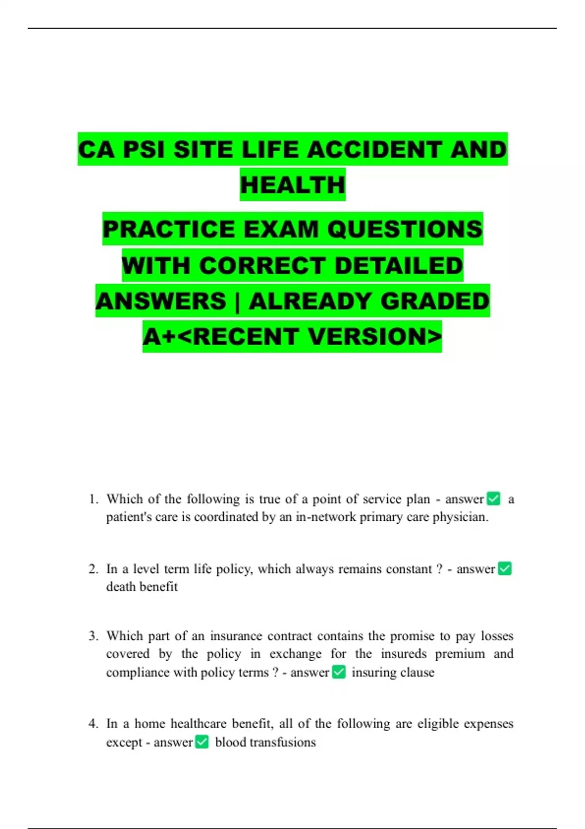CA PSI SITE LIFE ACCIDENT AND HEALTH PRACTICE EXAM QUESTIONS WITH ...