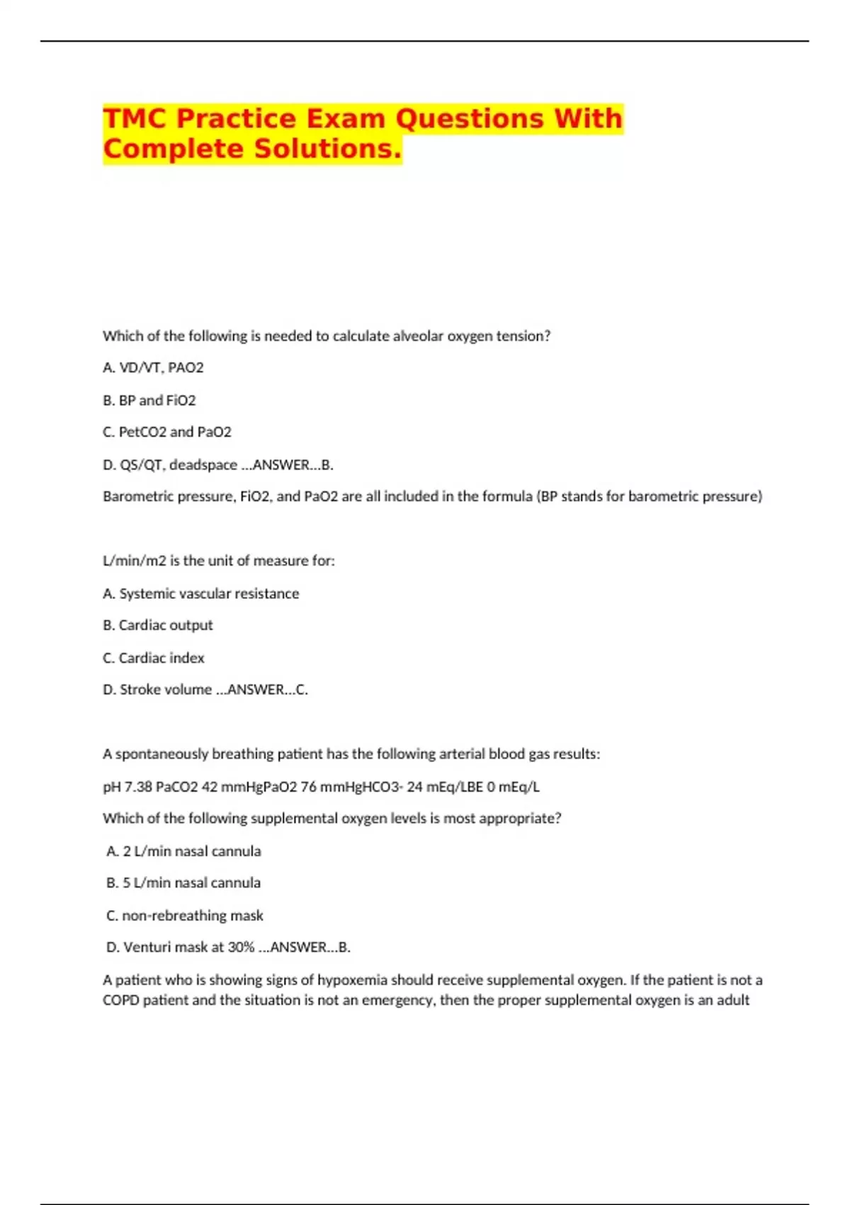 TMC Practice Exam Questions With Complete Solutions. - TML - Stuvia US