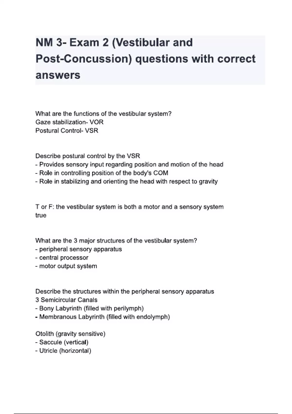 NM 3- Exam 2 (Vestibular and Post-Concussion) questions with correct ...