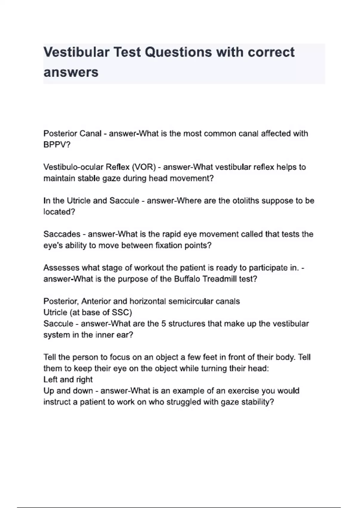 Vestibular Test Questions with correct answers - Vestibular system ...