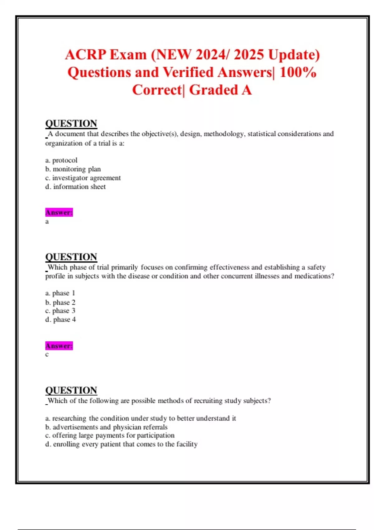 ACRP Exam (NEW 2024/ 2025 Update) Questions and Verified Answers| 100% ...