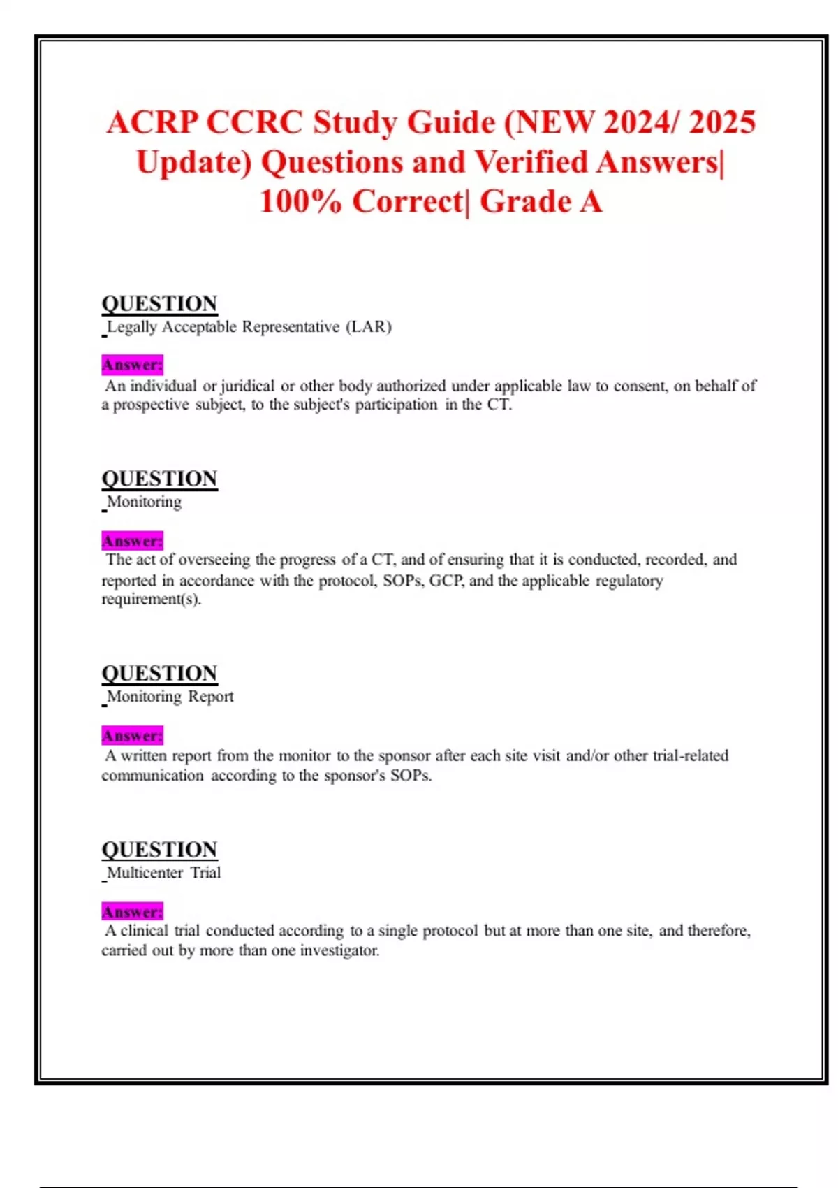 ACRP CCRC Study Guide (NEW 2024/ 2025 Update) Questions and Verified Answers| 100% Correct ...