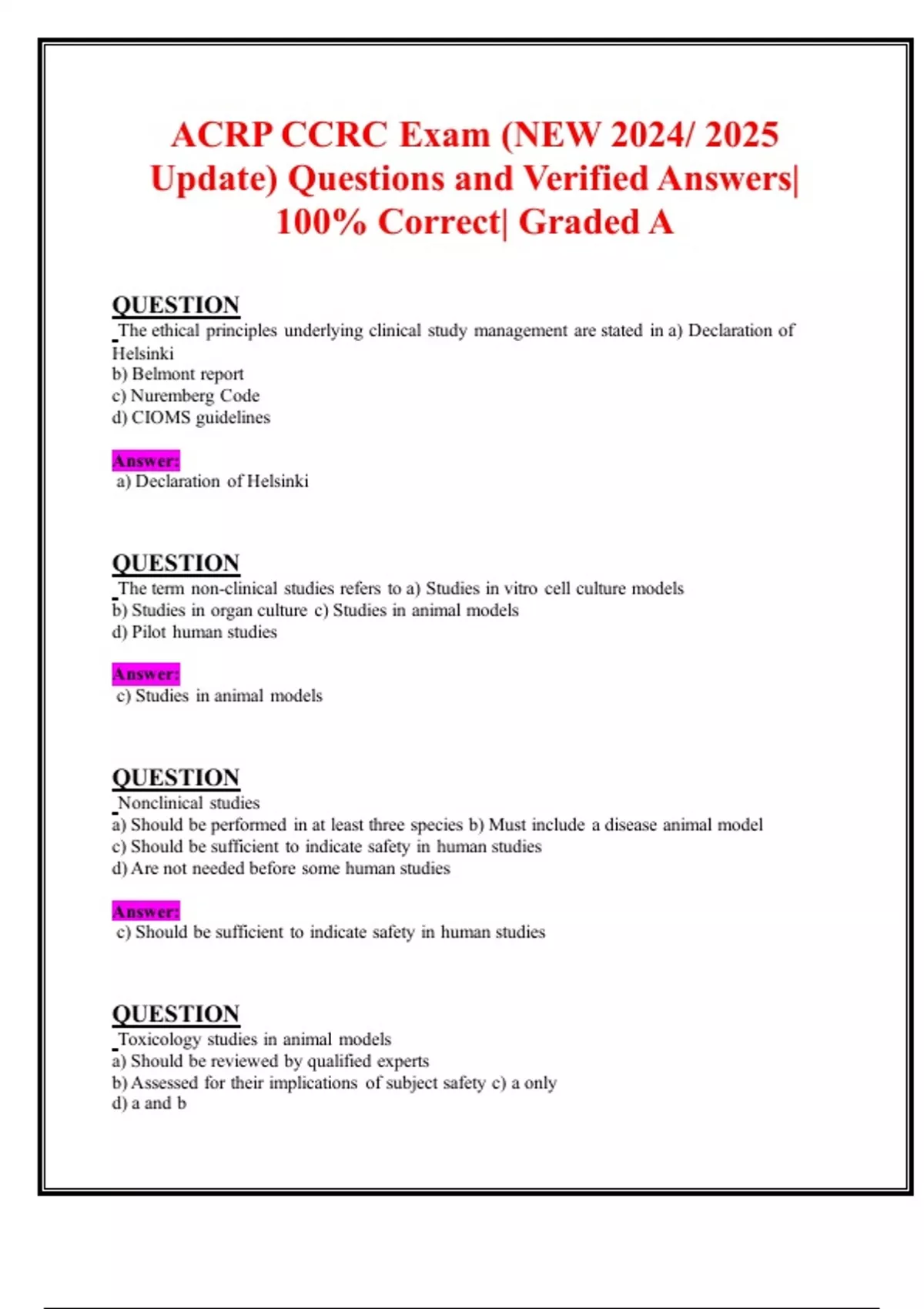 ACRP CCRC Exam (NEW 2024/ 2025 Update) Questions and Verified Answers| 100% Correct| Graded A ...