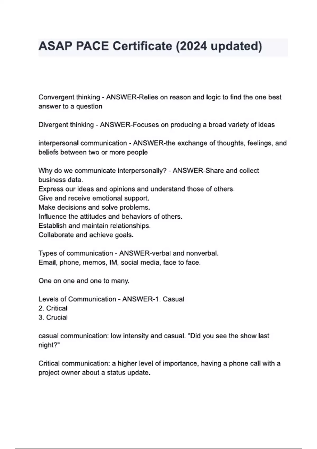 ASAP PACE Certificate (2024 updated) questions and answers - Nursing - Stuvia US