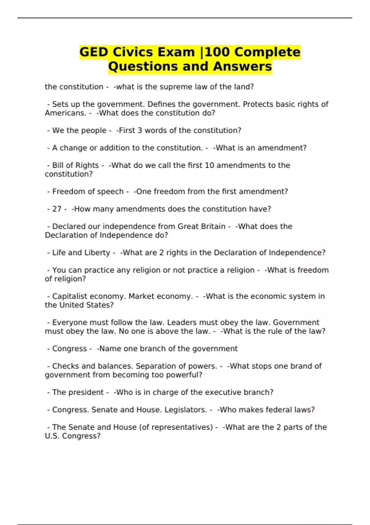 GED Civics Exam |100 Complete Questions and Answers - GED Civics - Stuvia US
