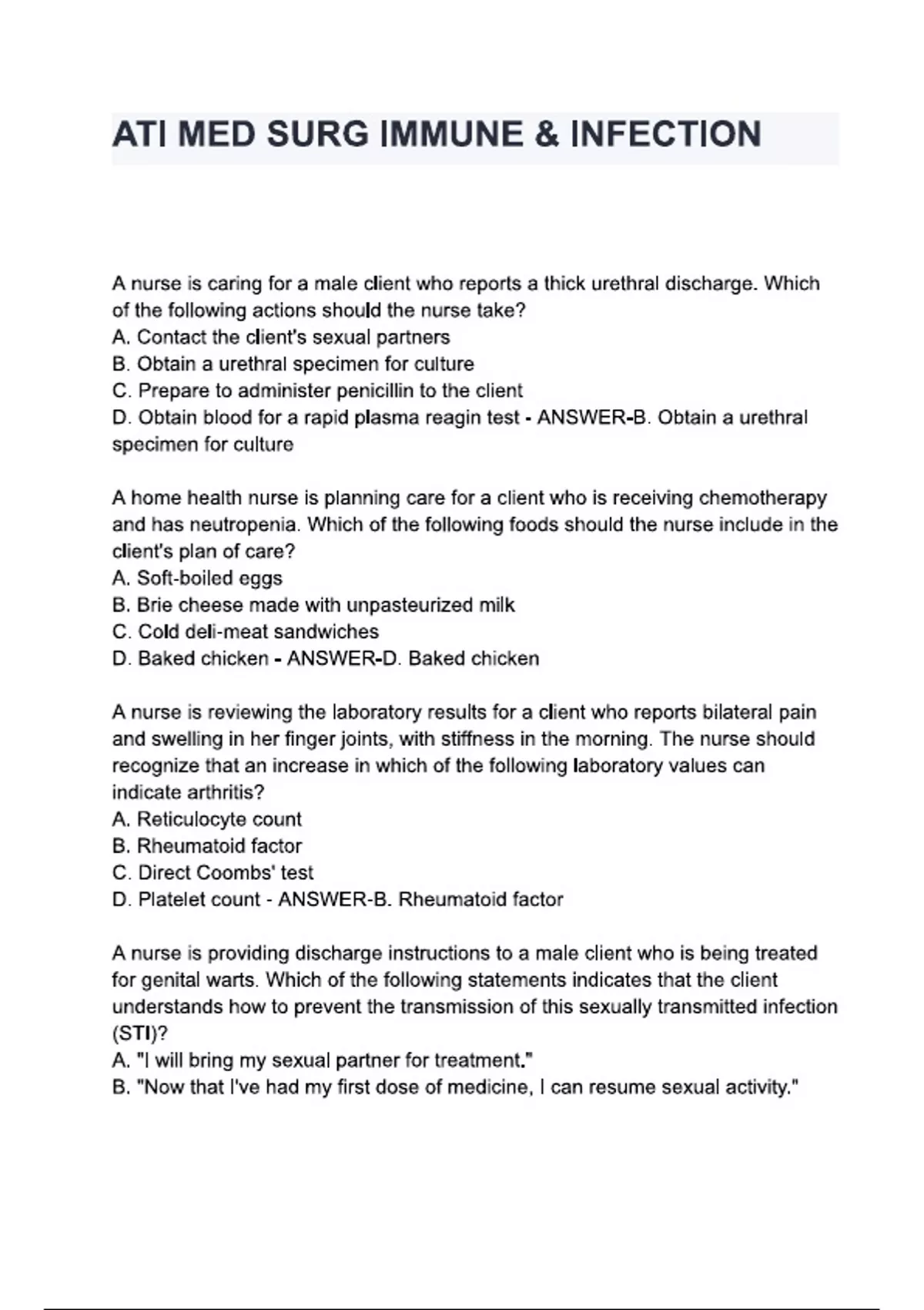 ATI MED SURG IMMUNE & INFECTION questions and answers - Nursing - Stuvia US