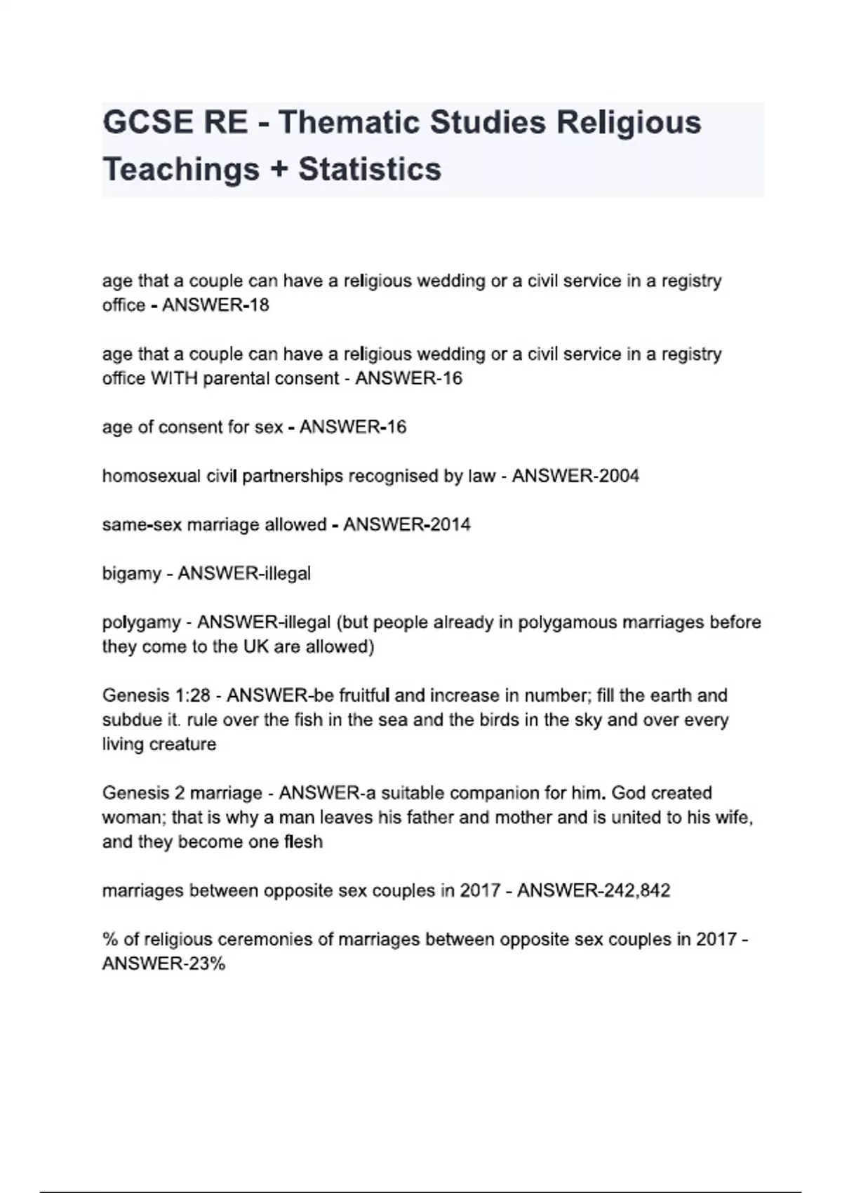 GCSE RE - Thematic Studies Religious Teachings + Statistics questions ...