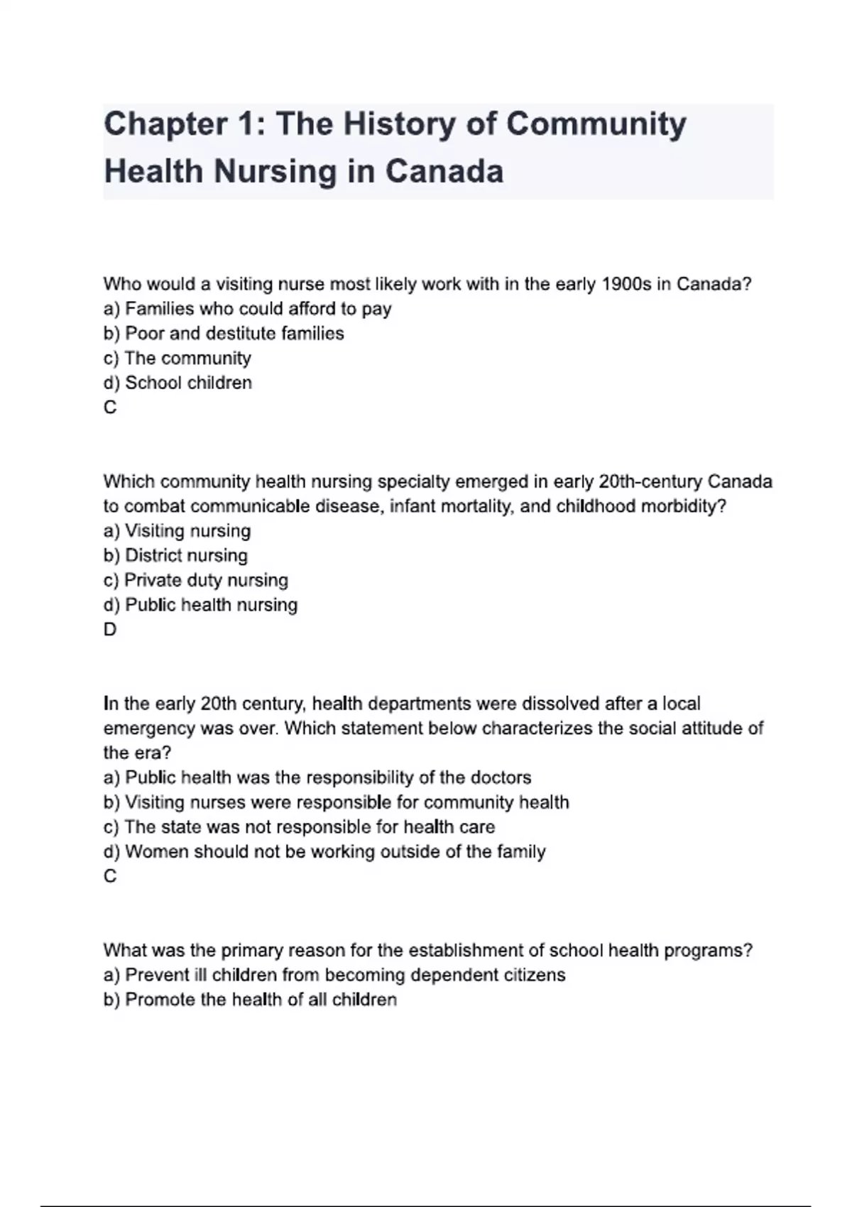 Chapter 1-The History of Community Health Nursing in Canada questions ...