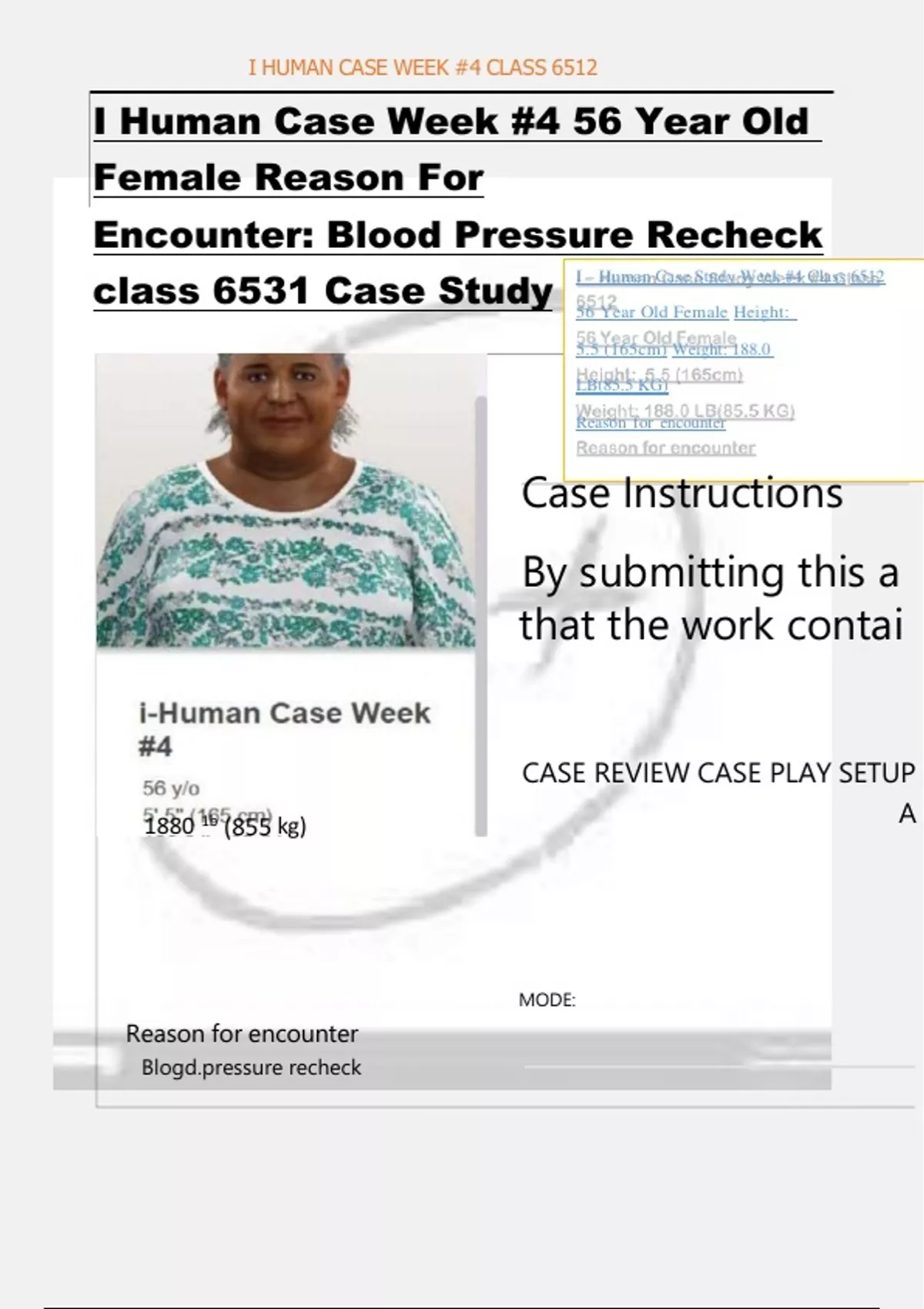 I Human Case 56 Year Old Female Reason For Encounter: Blood Pressure Recheck Week #7:Class 6512 ...