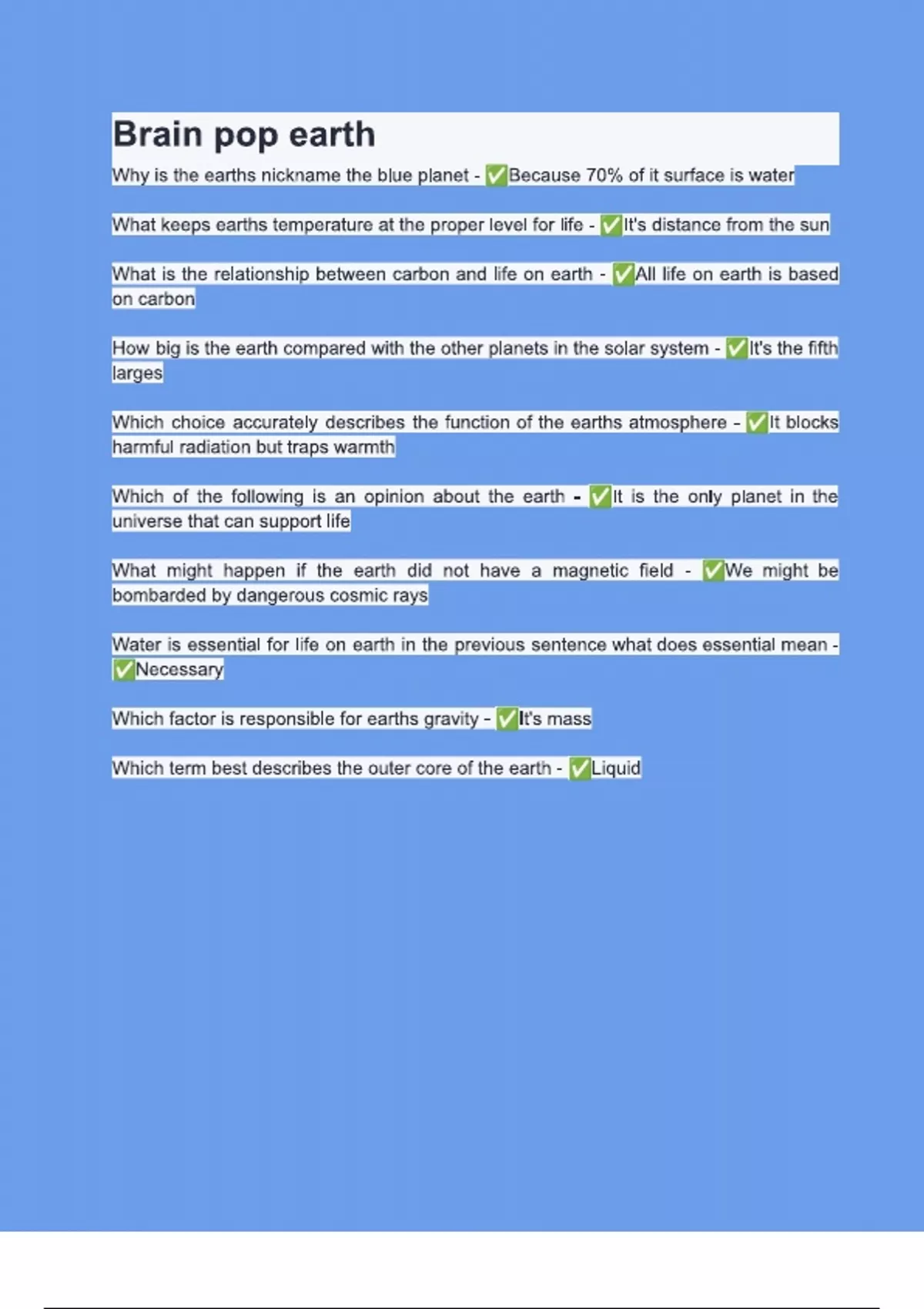 Brain pop earth questions and answers - Brainpop - Stuvia US